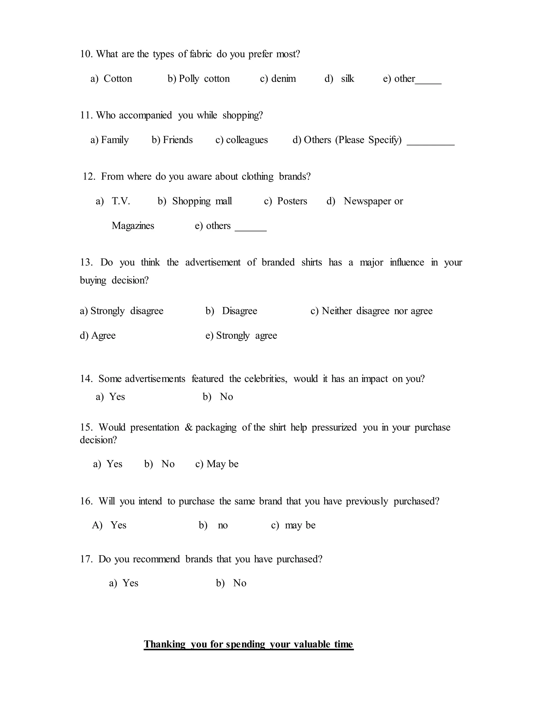 Shirts questionnaire | DOC
