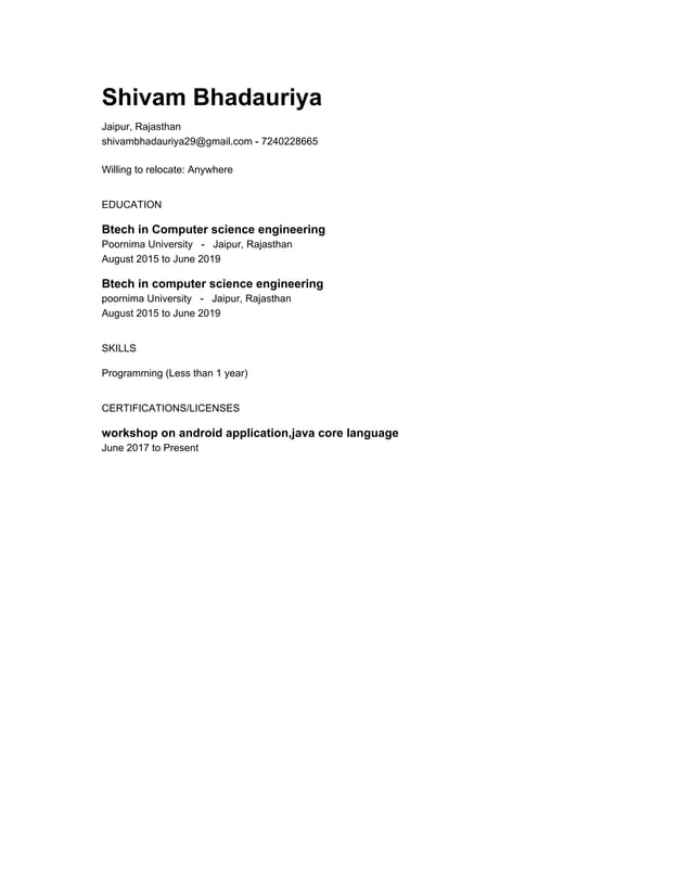 RESUME FORMAT OF ENGINEERING STUDENT BY SHIVAM BHADAURIYA | PDF
