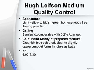 Sugar fermentation tests, Cetrimide agar medium, Hugh Leifson medium | PPTX