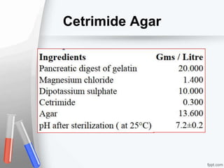 Sugar fermentation tests, Cetrimide agar medium, Hugh Leifson medium | PPTX