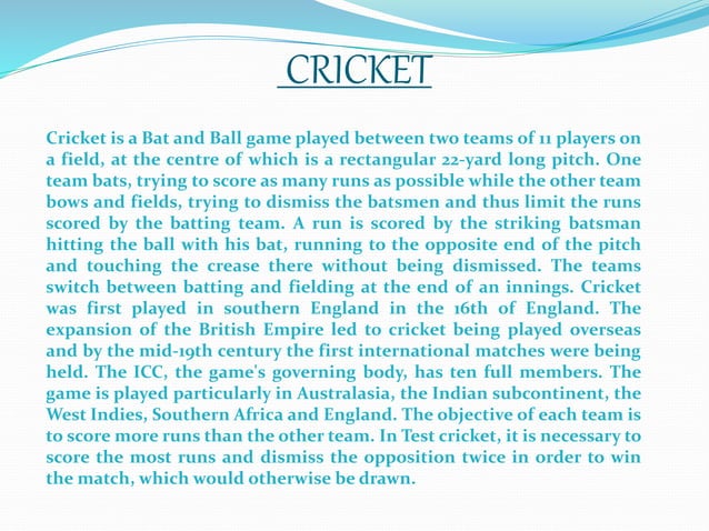 cricket ppt | PPTX | Cricket | Sports