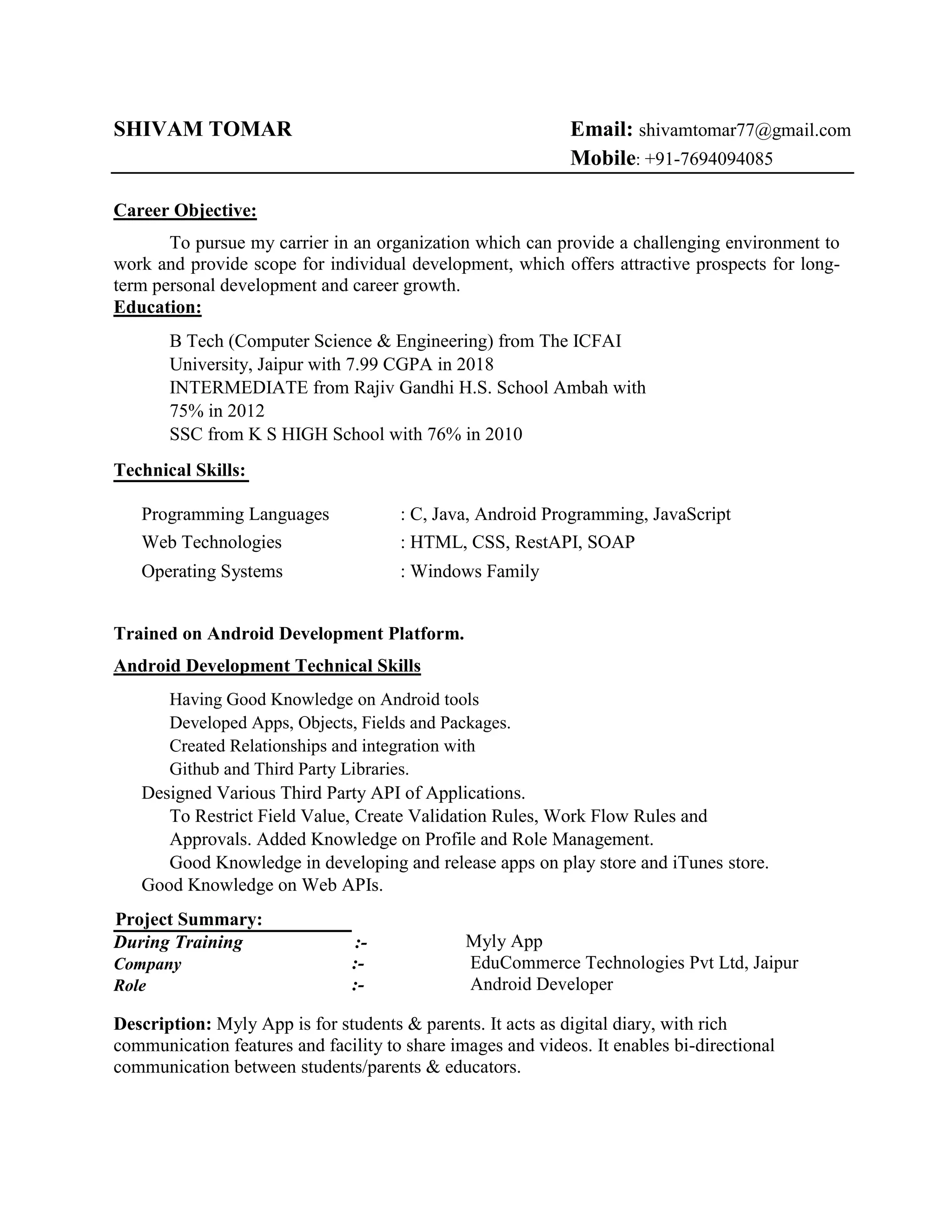 Resume: Shivam Tomar | PDF