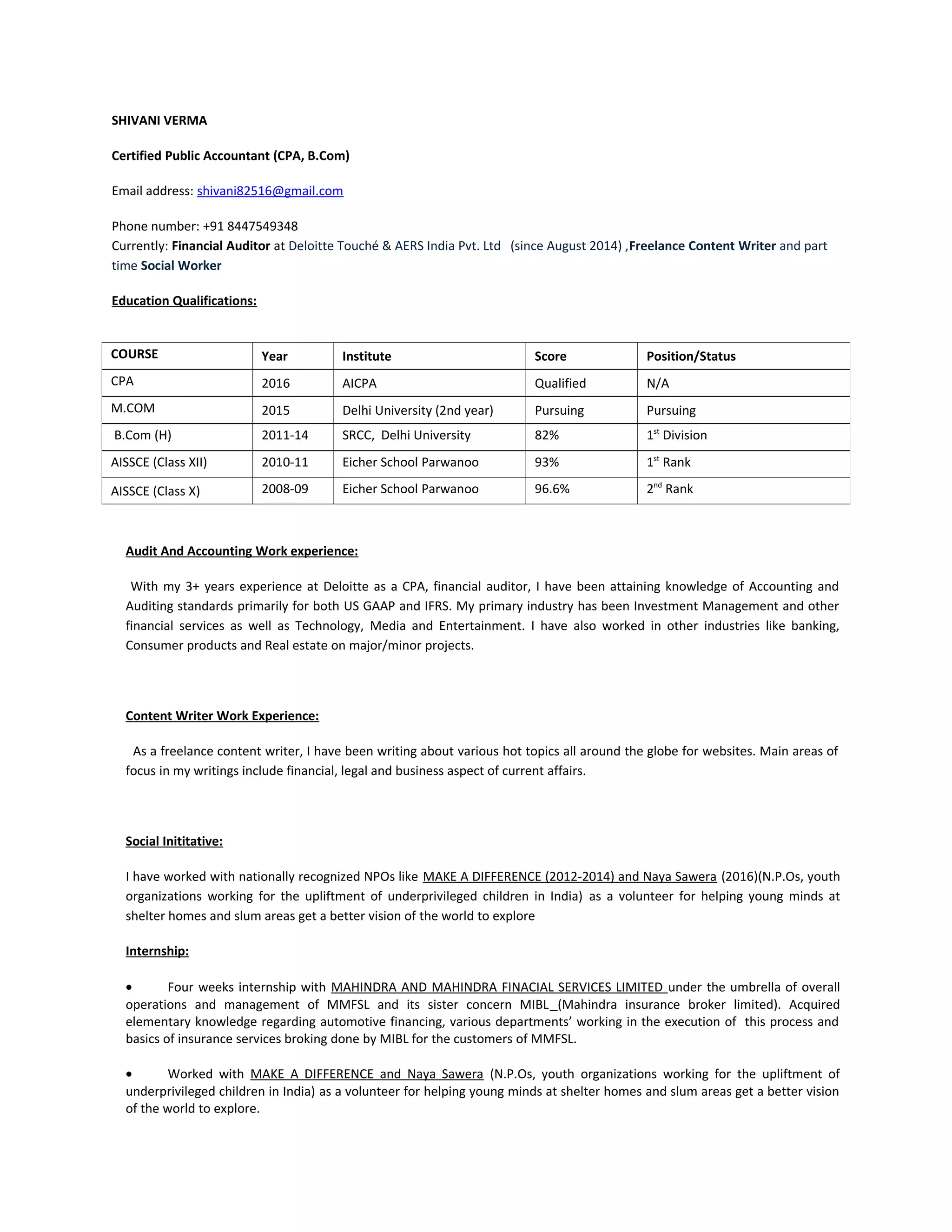 Shivani Verma CV | DOC | Business Accounting & Finance | Business