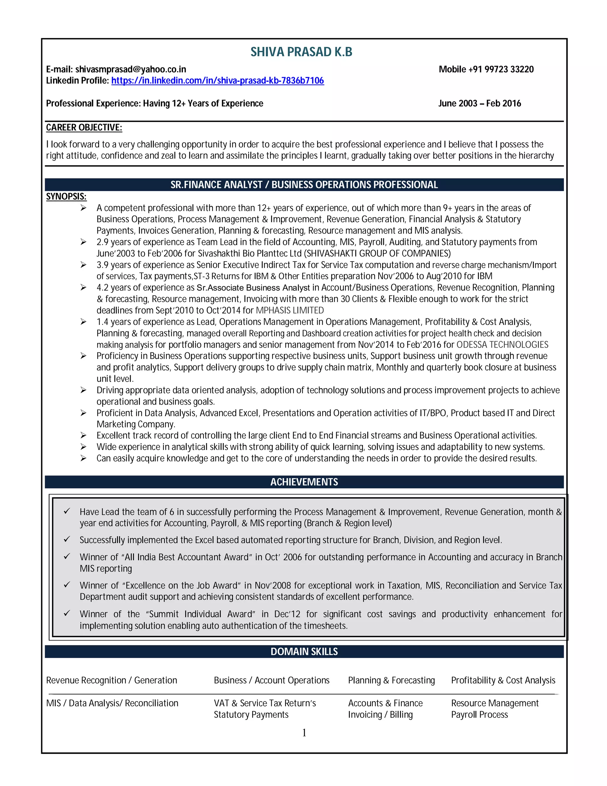 Shiva Prasad_FA_CV | PDF | Business Administration | Business