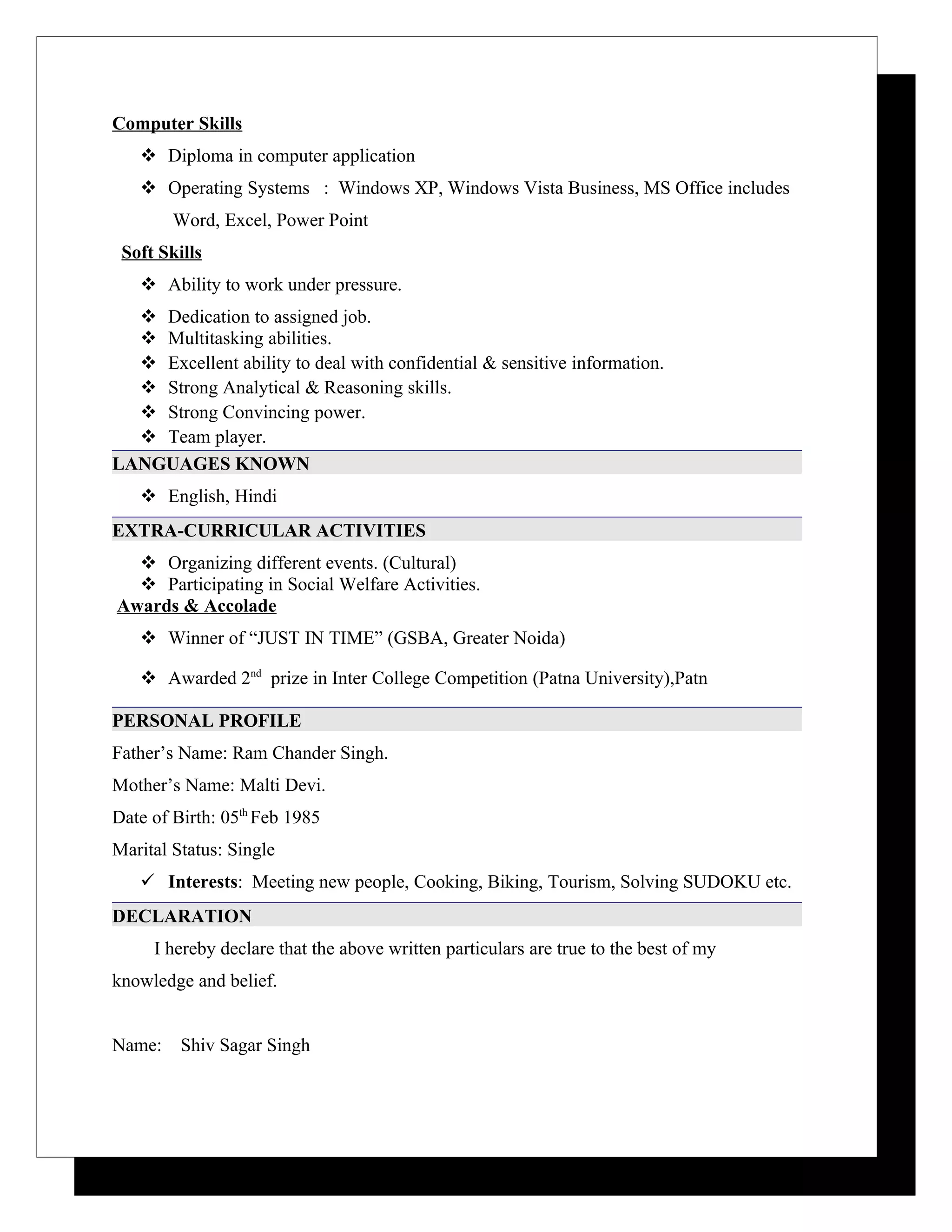 Shiv Sagar Singh Resume | DOC