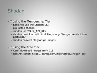 Shmoocon XV - Analyzing Shodan Images with Optical Character Recognition | PPT