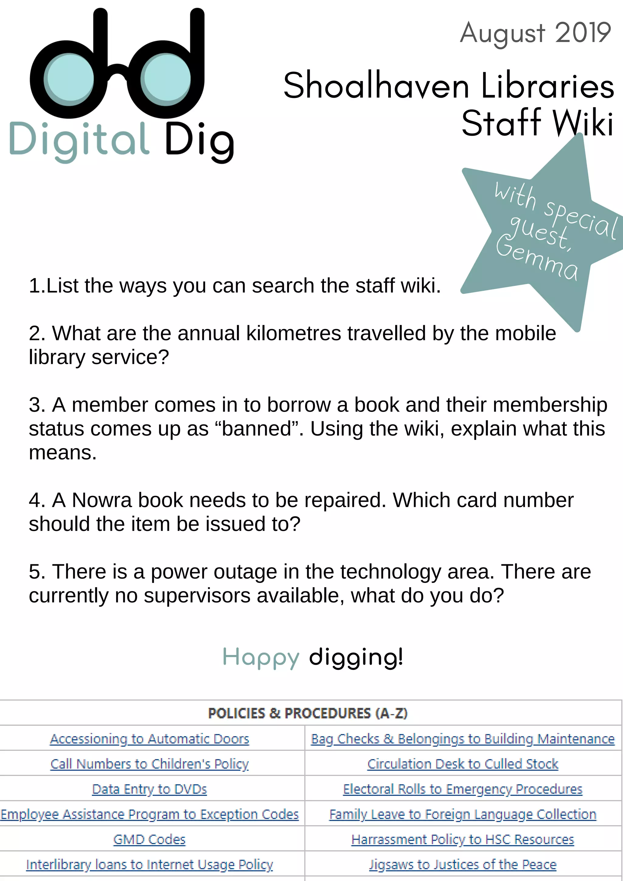 Shoalhaven Libraries digital dig staff training examples | PDF