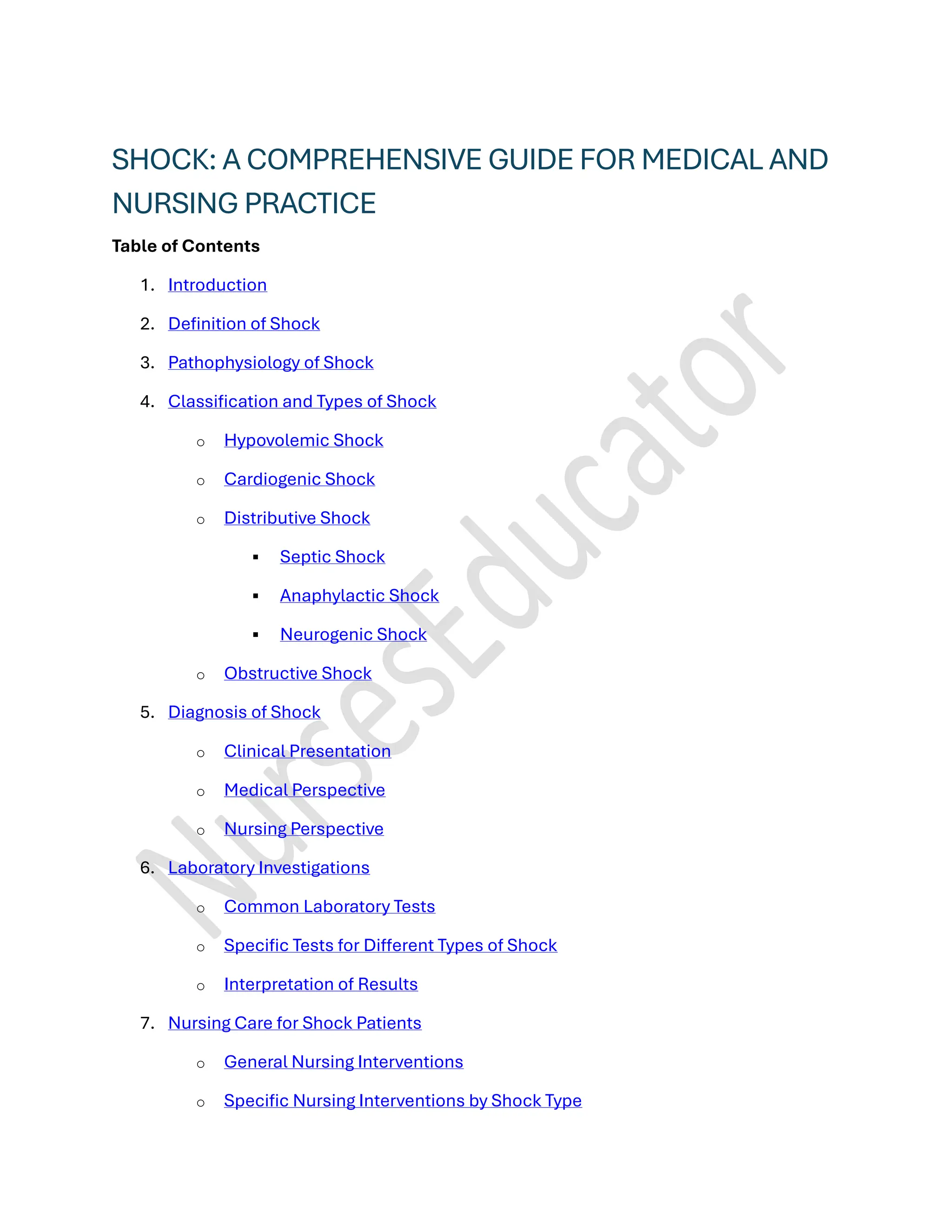 SHOCK: A COMPREHENSIVE GUIDE FOR MEDICAL AND NURSING PRACTICE | PDF