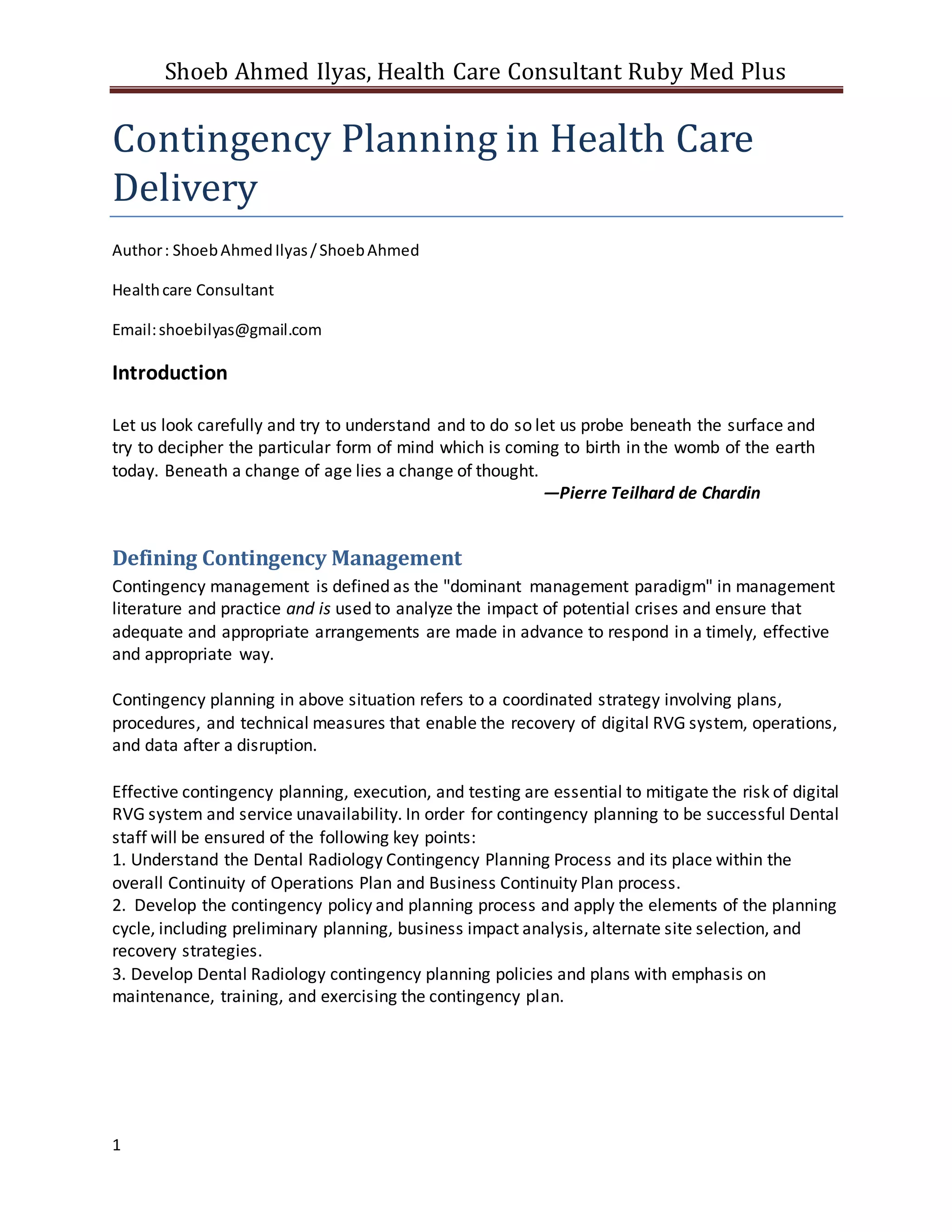 contingency planning in health care delivery | DOCX