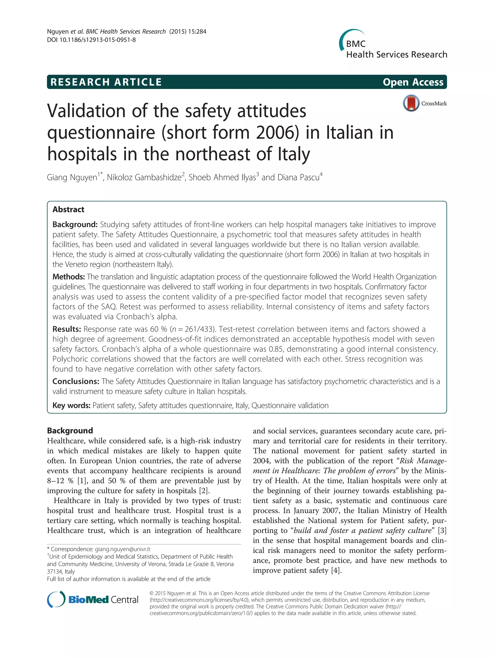 Validation of the safety attitudes questionnaire (short form 2006) in ...