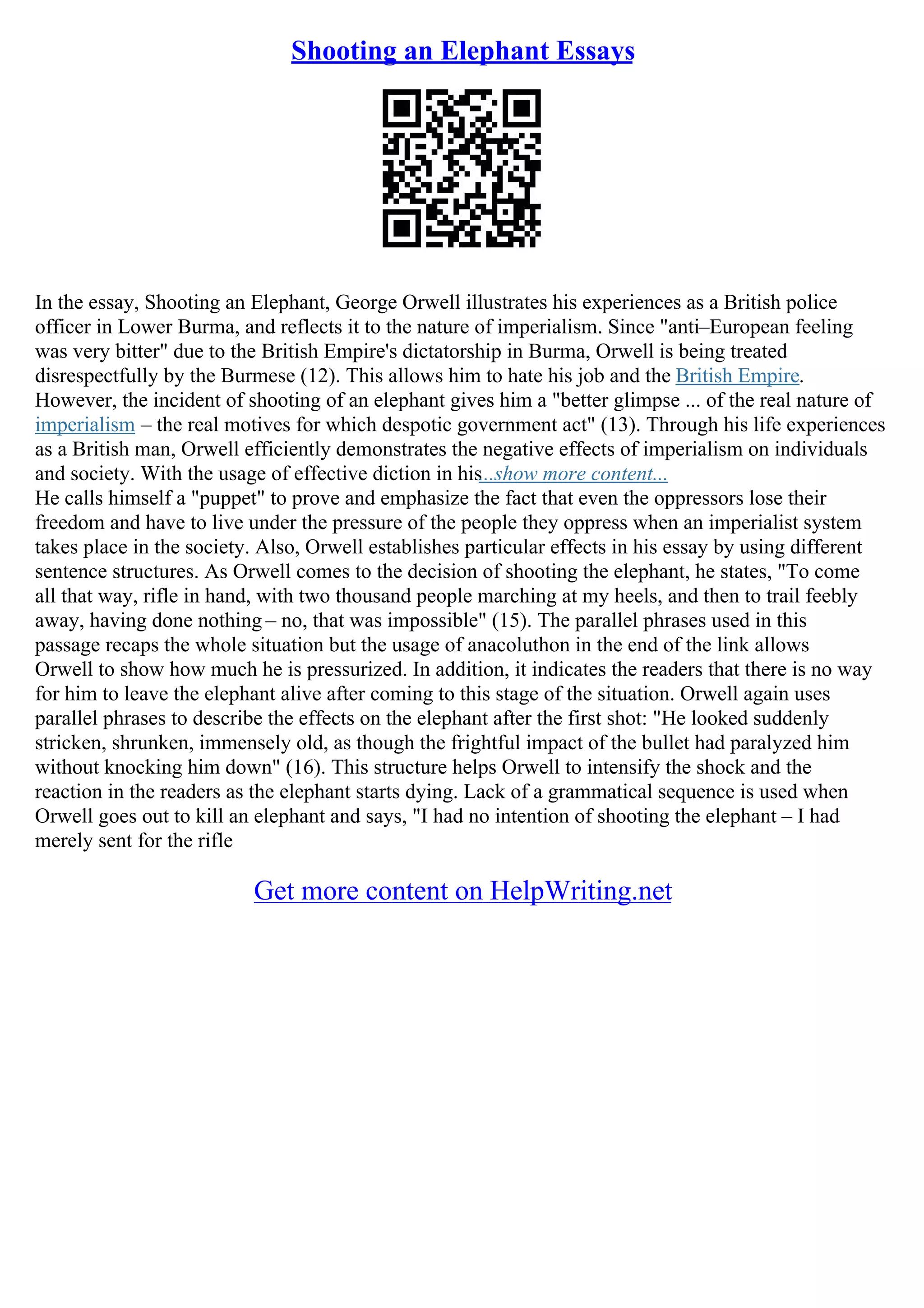 Shooting An Elephant George Orwell Essay | PDF