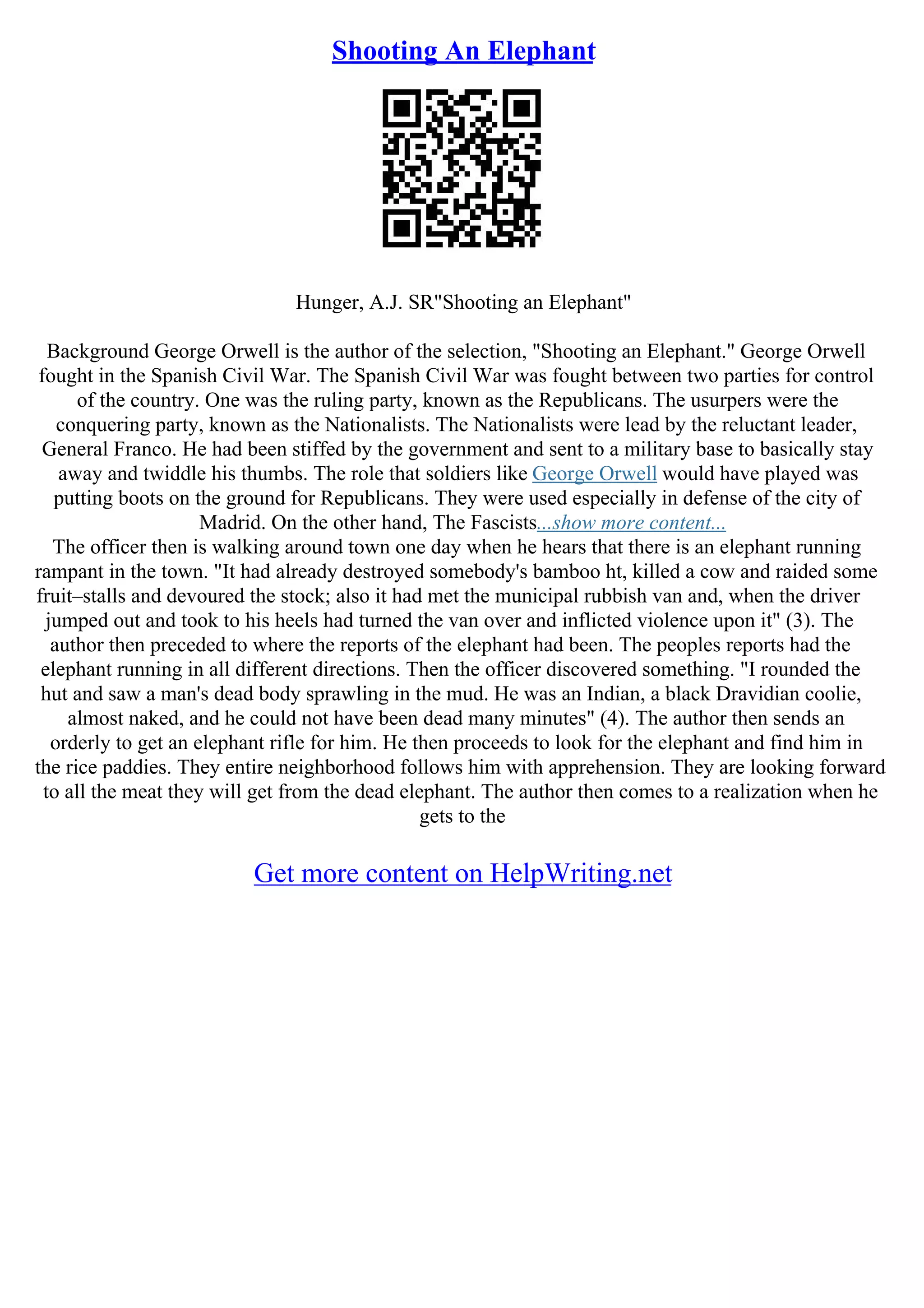 Shooting An Elephant George Orwell Essay | PDF