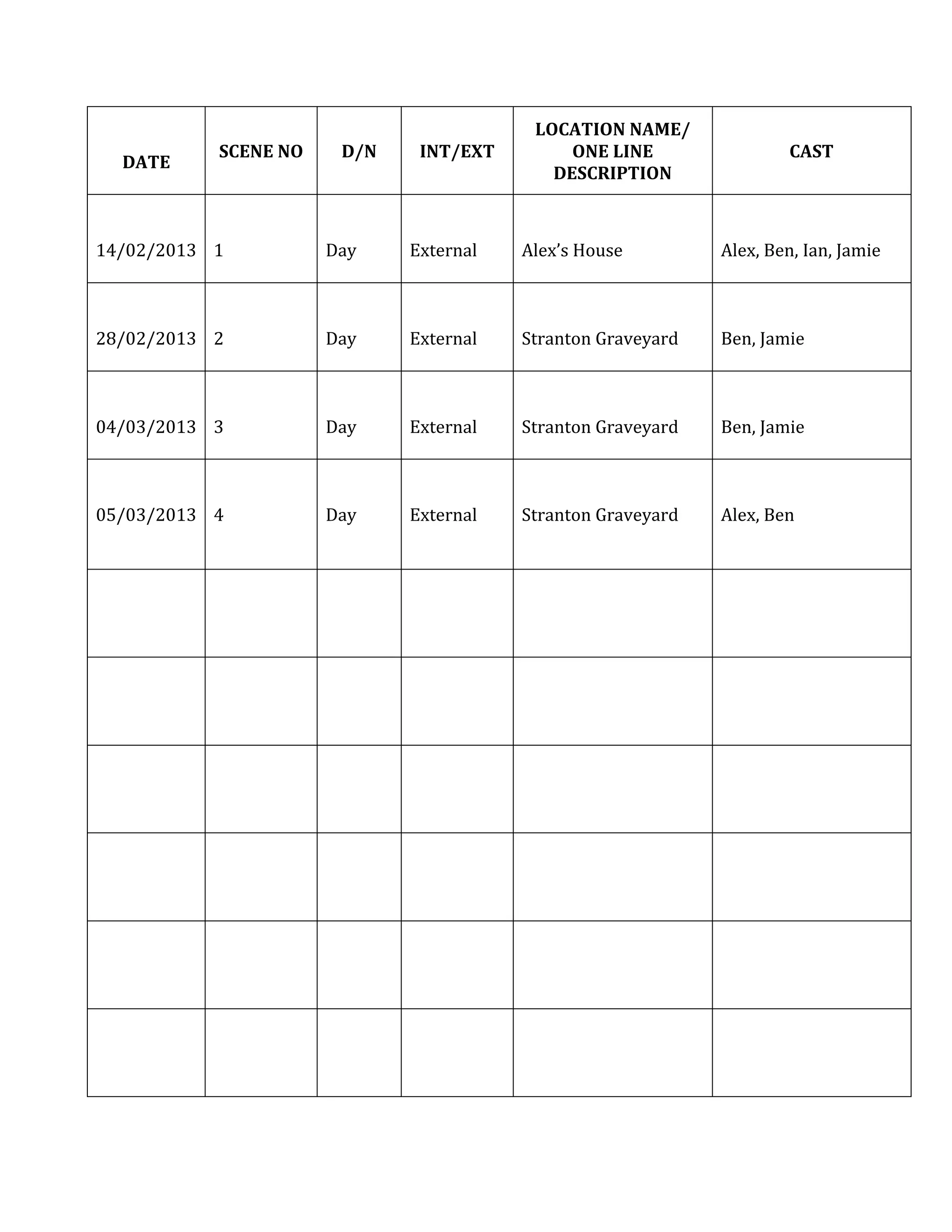 Shooting schedule | DOCX