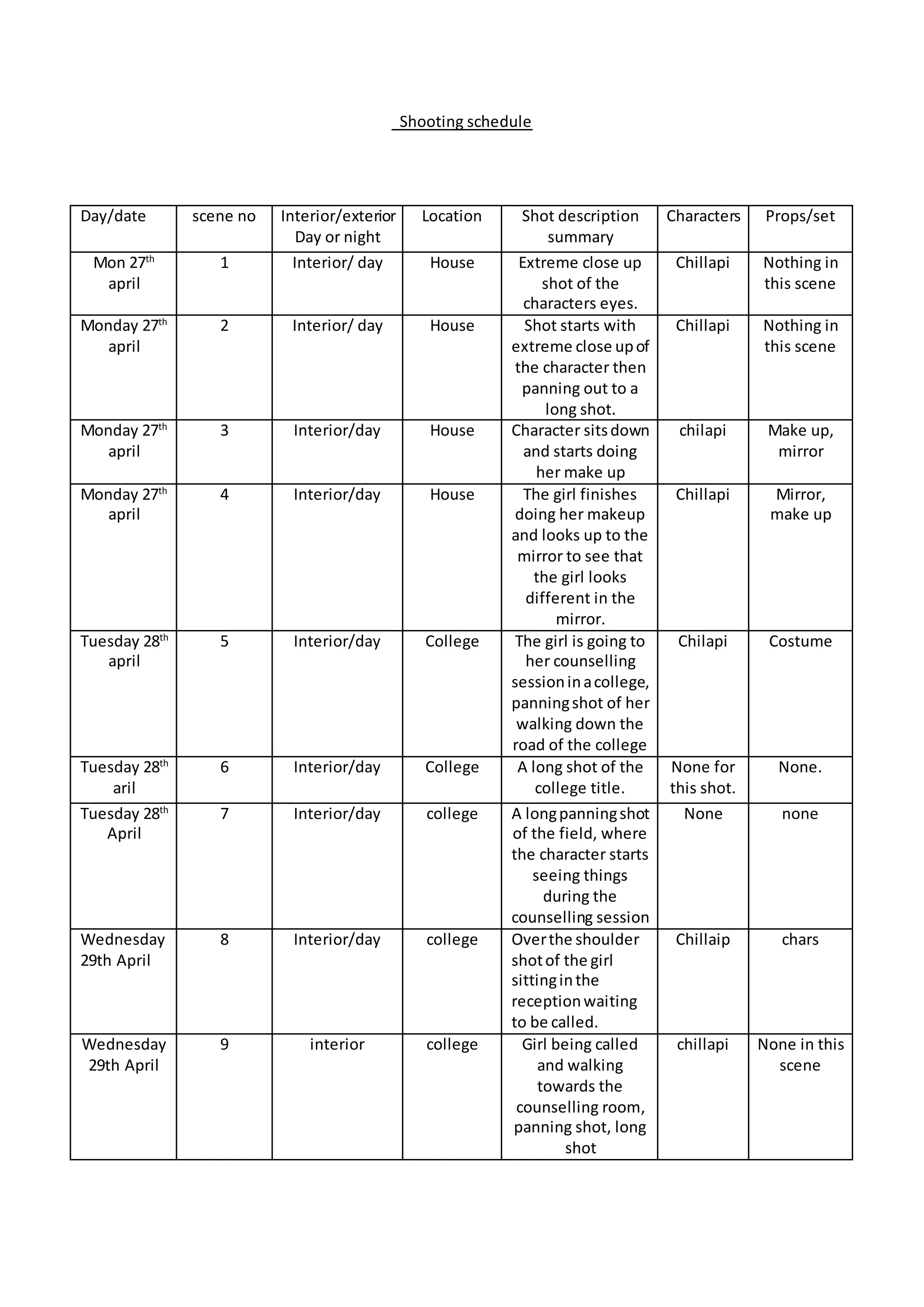 Shooting schedule | DOCX