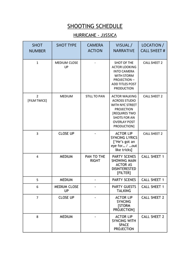 Shooting Schedule 2 | DOCX | Music Video | Genres