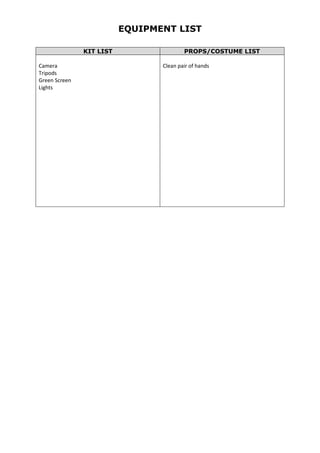 Shooting Schedule and Equipment List | DOCX