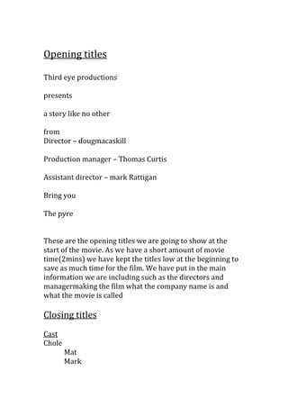 Shooting schedule dates and opening title ideas | PDF