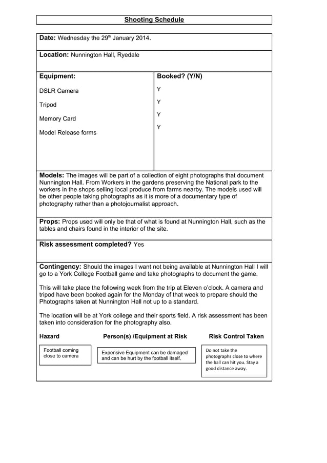 Shooting schedule & risk assessment | DOC | Cameras and Camcorders ...