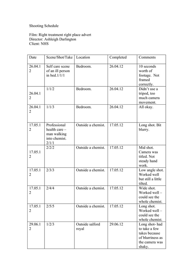 Shooting schedule template | DOC | Photography | Arts and Crafts