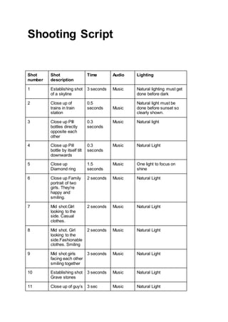 Shooting Script with Varied Shots and Scenes | PDF