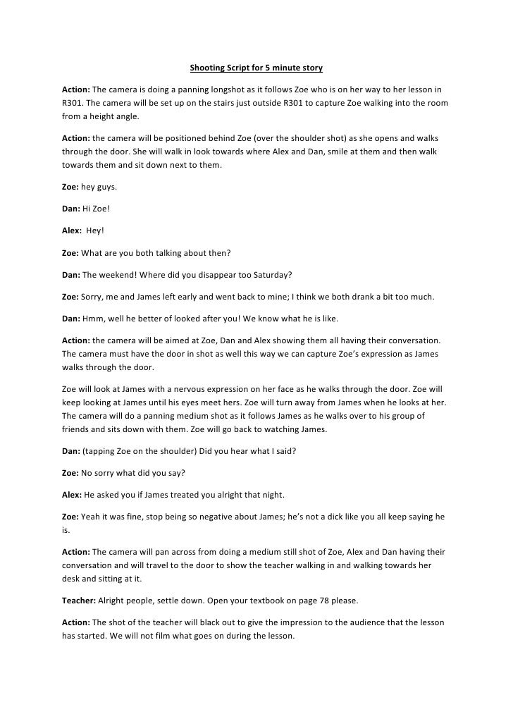 Shooting script for 5 minute story