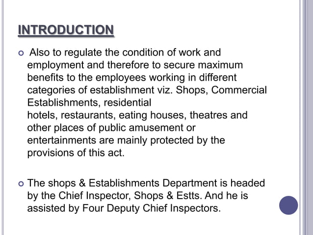 Shops and establishment act | PPTX | Law