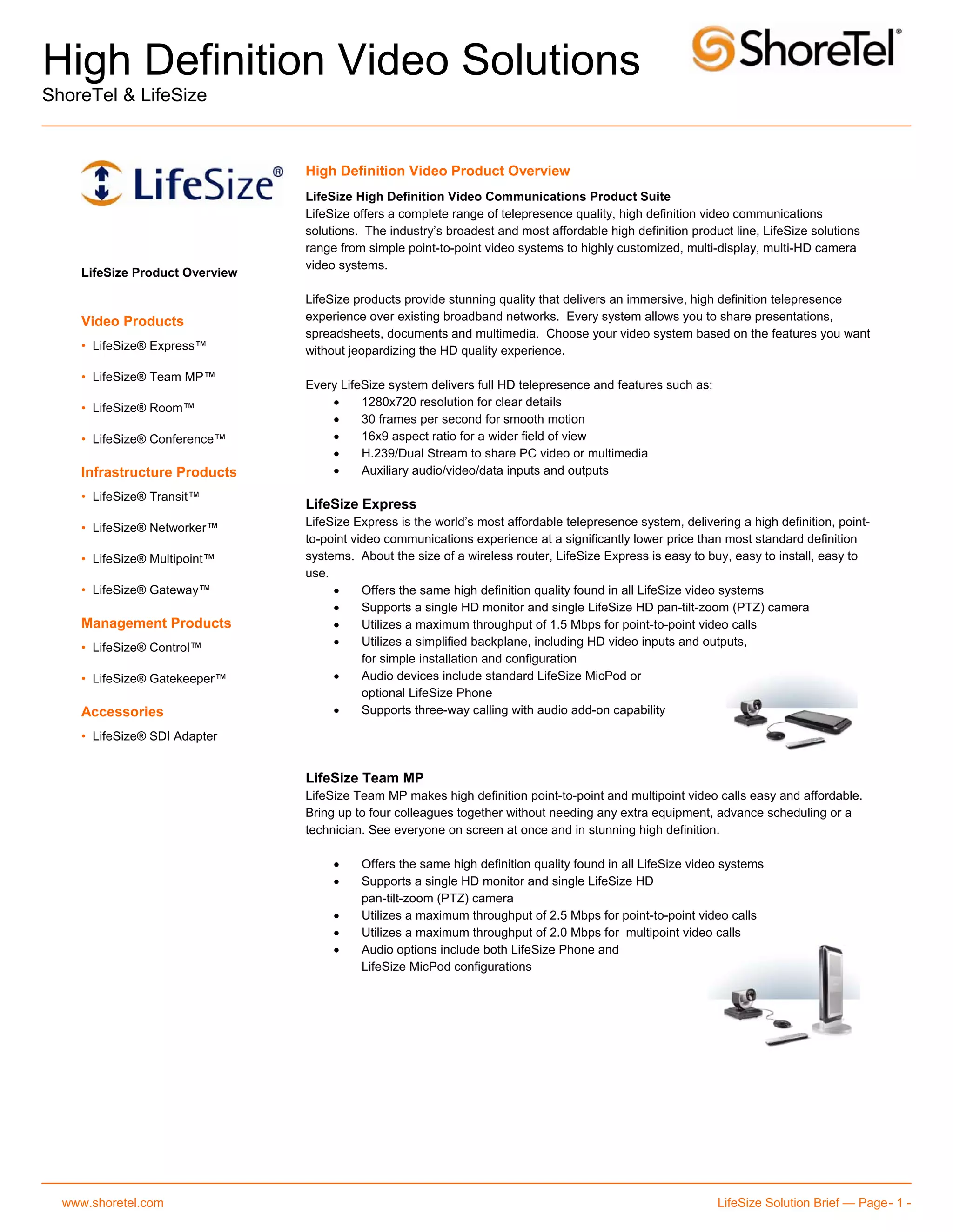 ShoreTel - LifeSize High Definition Video Solutions Brief | PDF