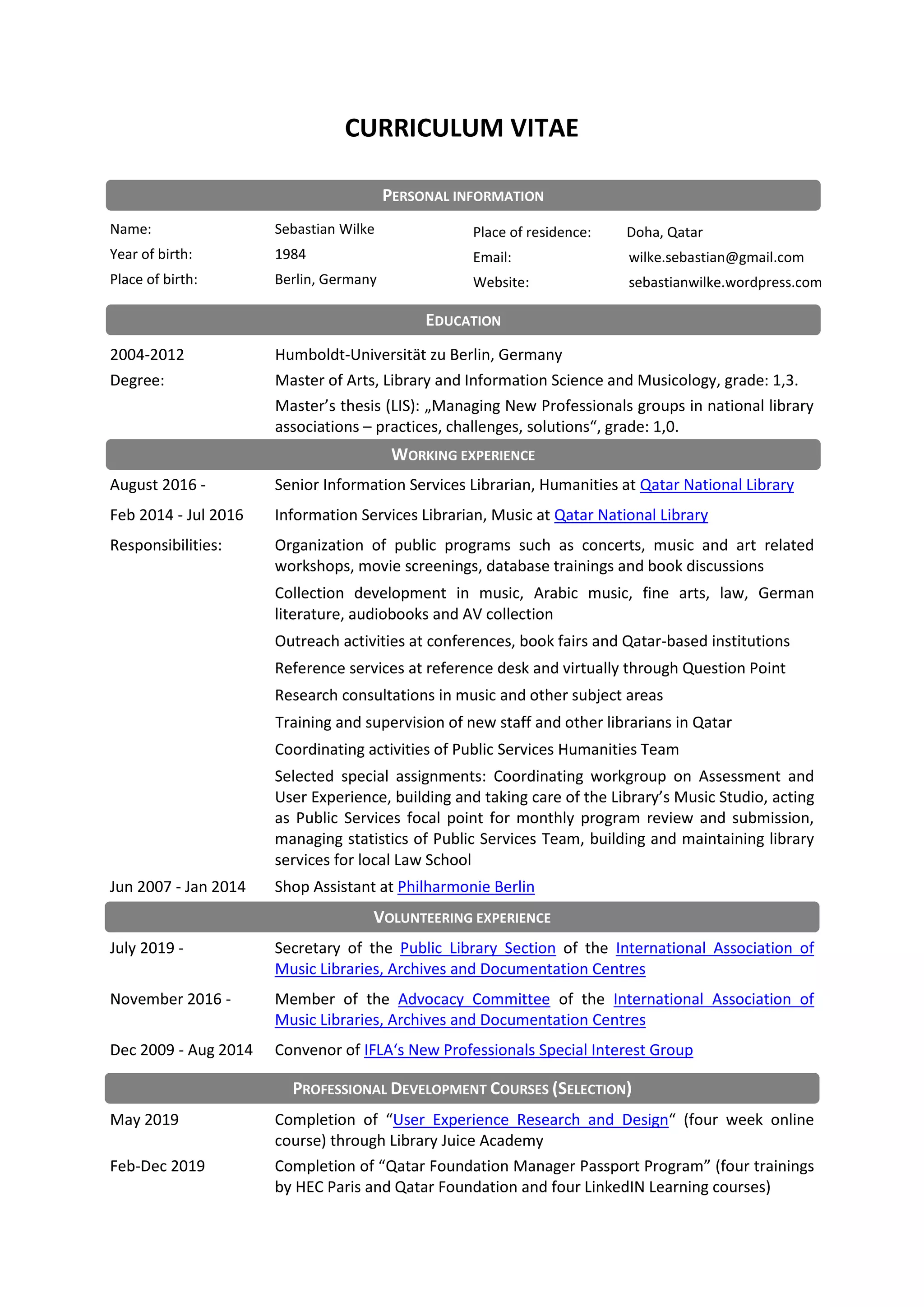Short resume, Sebastian Wilke | PDF