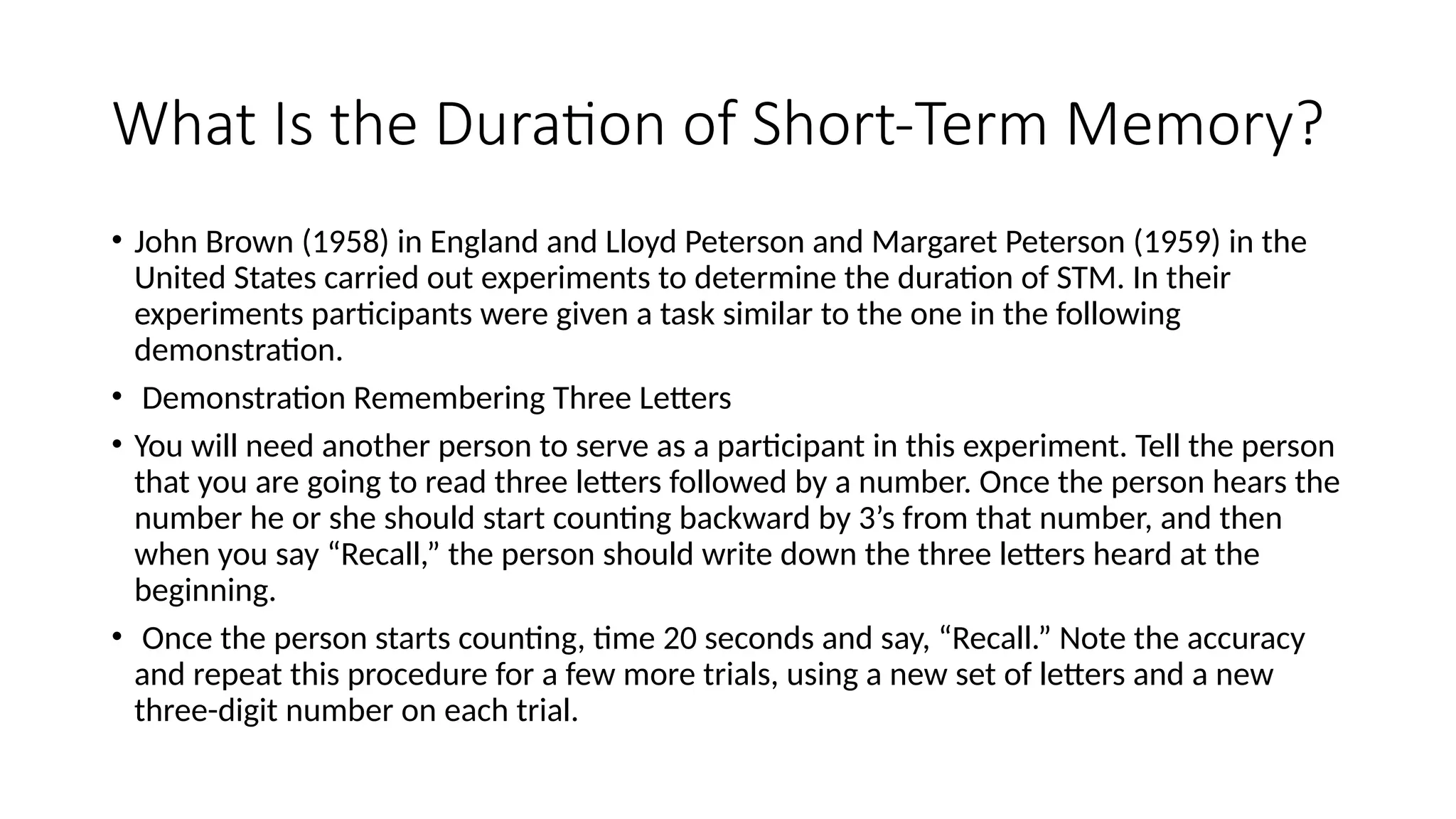 Short-Term and Working Memory. experiment | PPTX