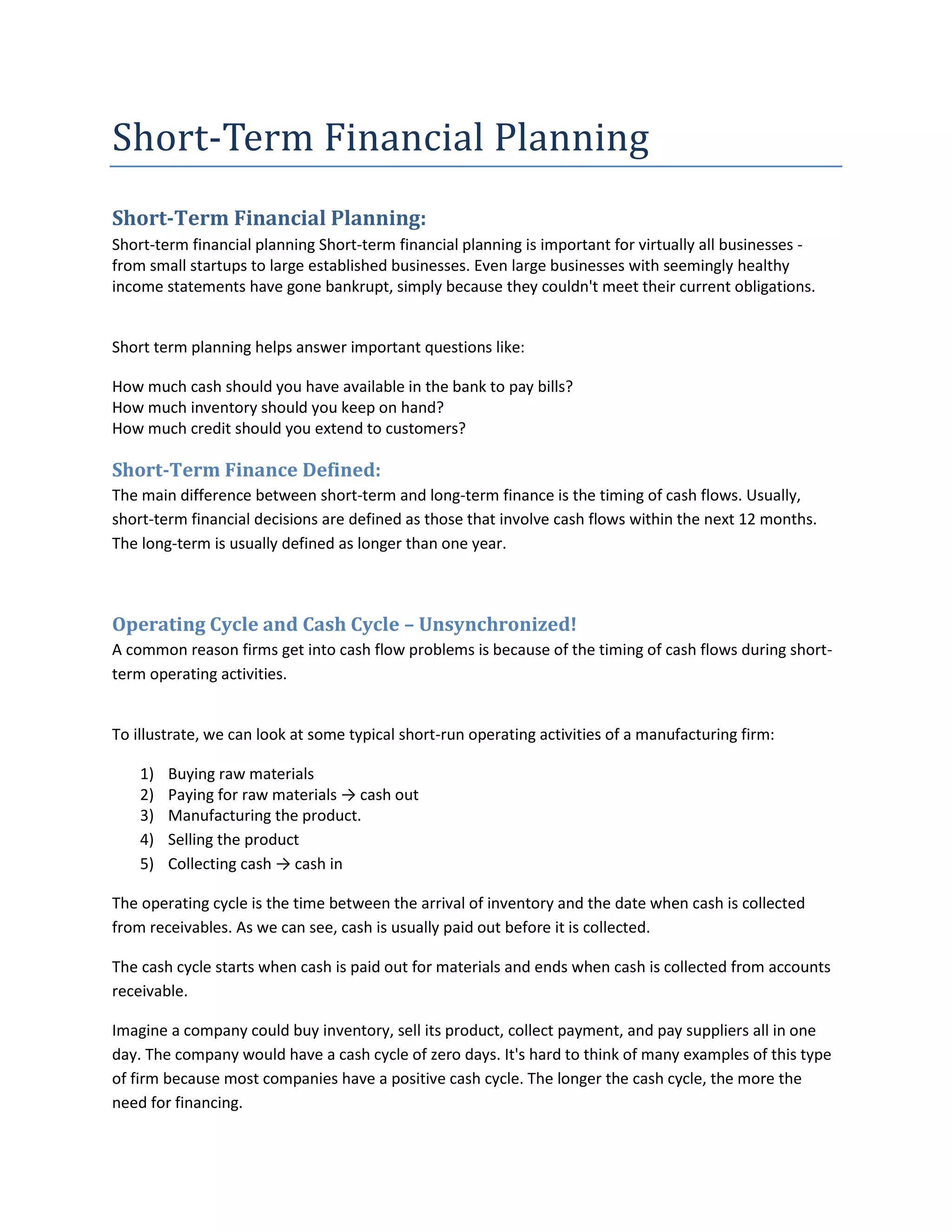 Short term financial planning | DOCX