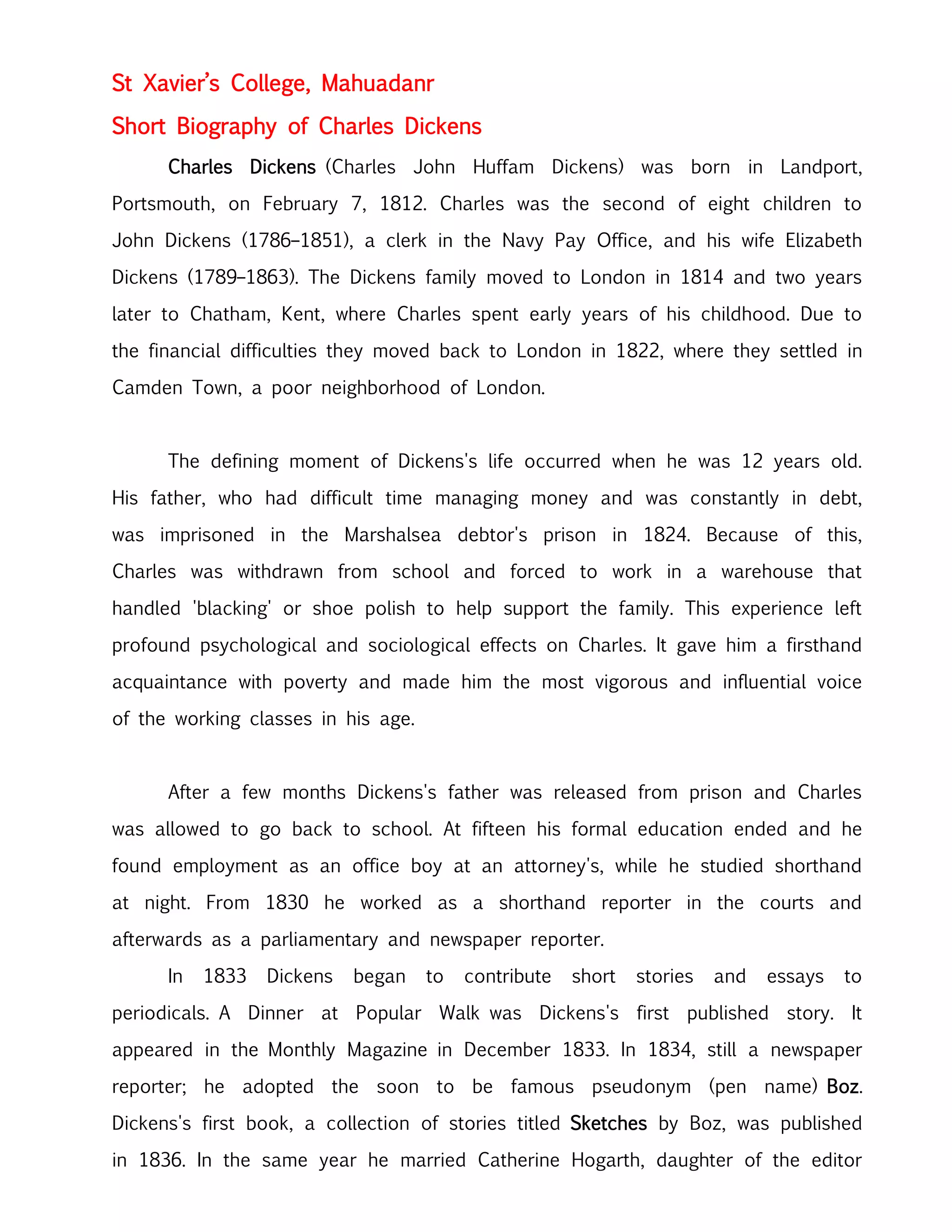 Short biography of charles dickens | PDF