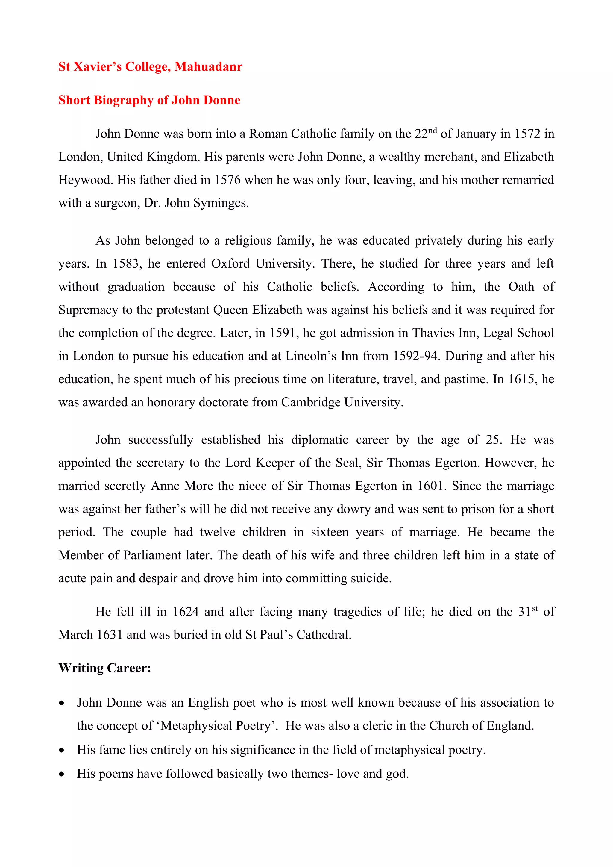 Short biography of john donne | PDF