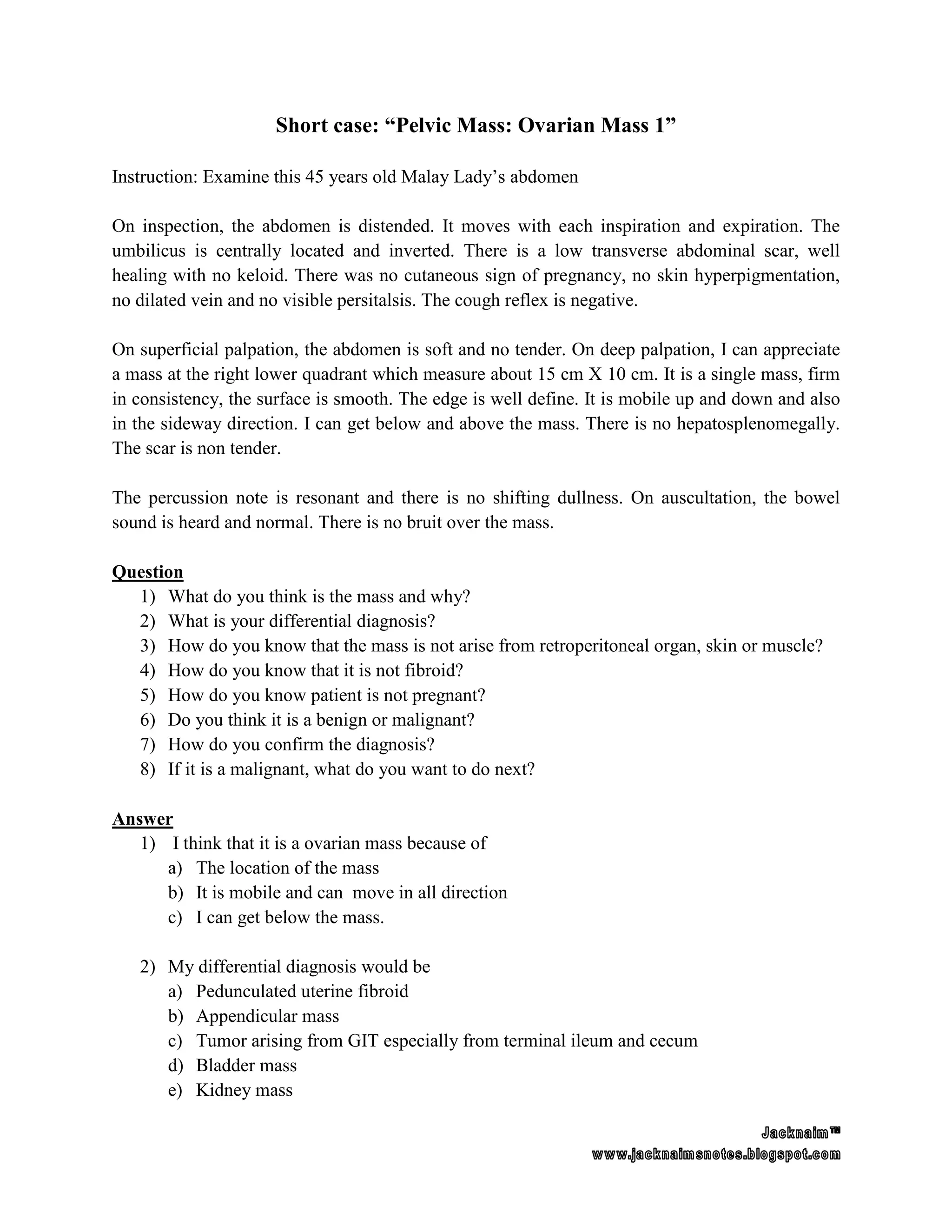 Short case examination pelvic mass-ovarian mass | PDF