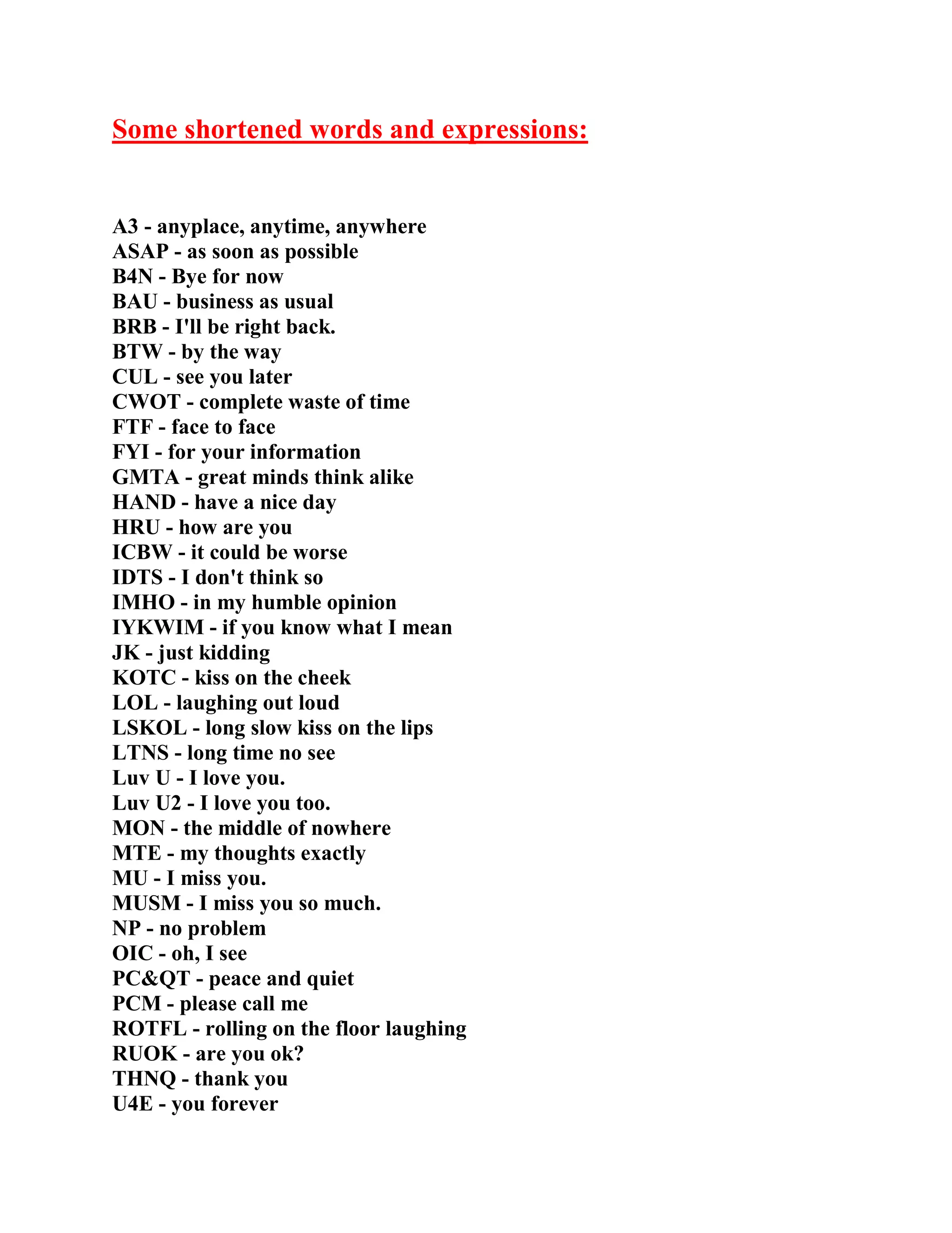 Some shortened words and expressions | PDF