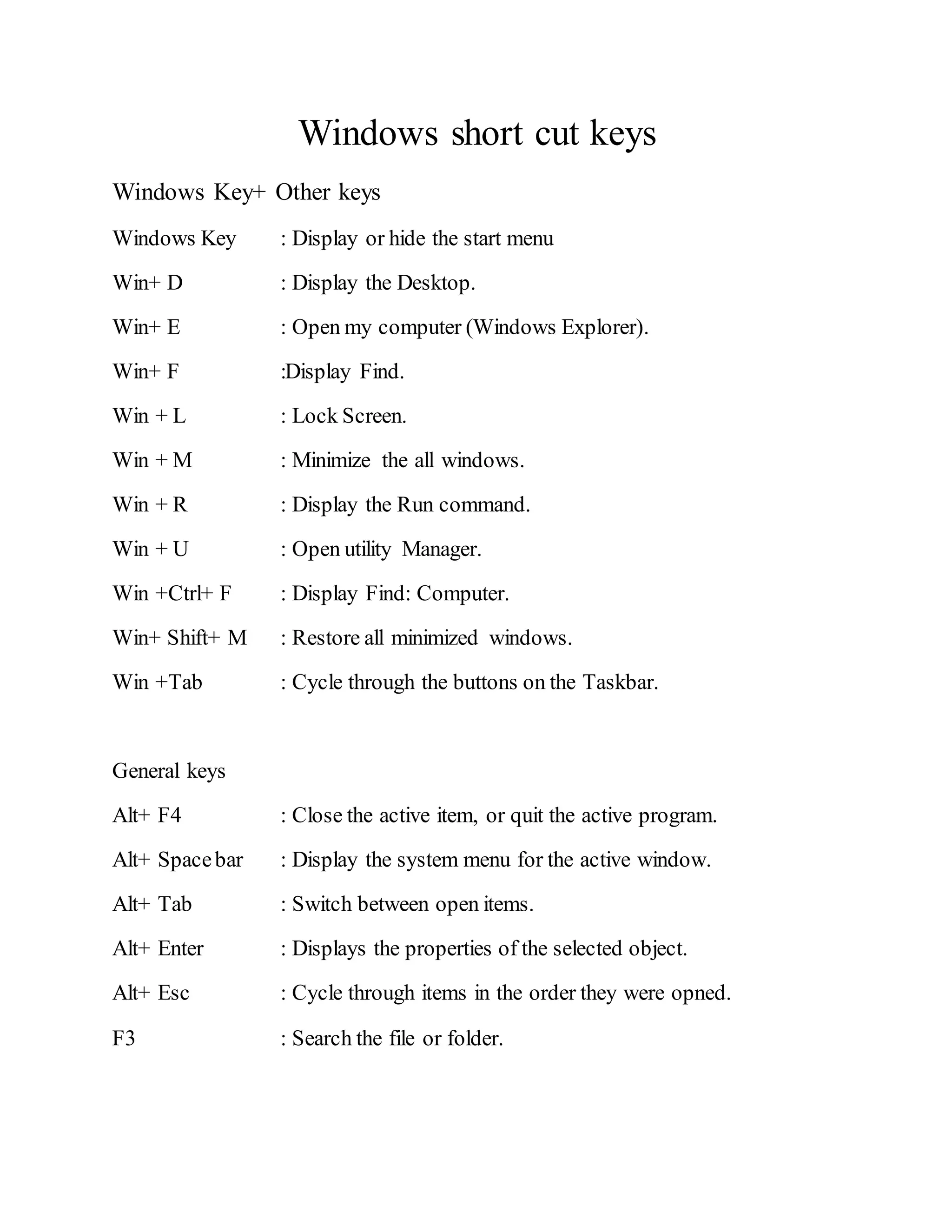 Short cut keys | DOCX