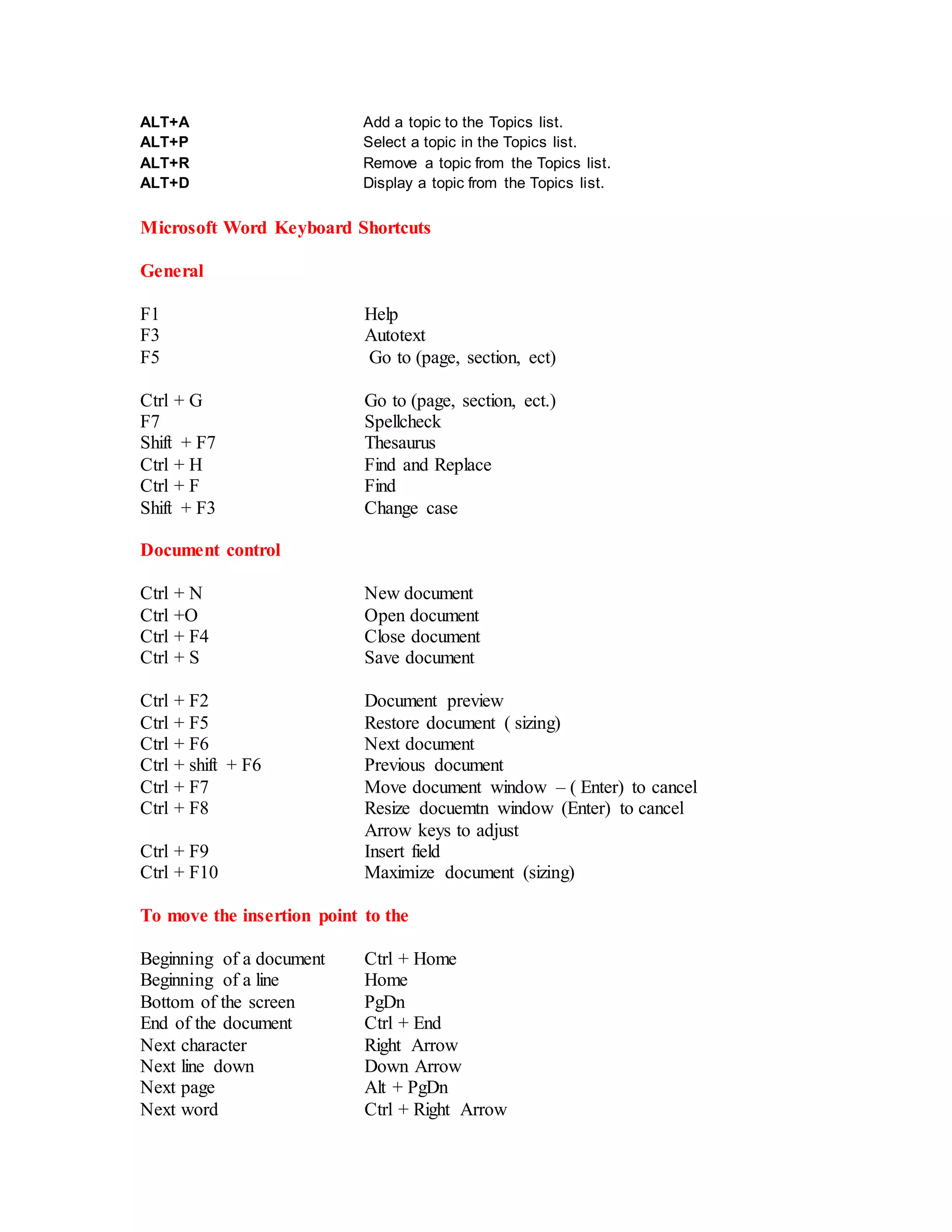 Short cut keys | PDF