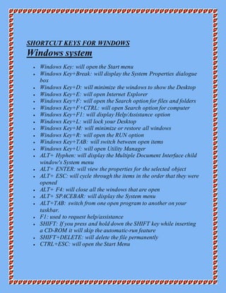 Shortcut keys of windows operating system and windows | DOCX