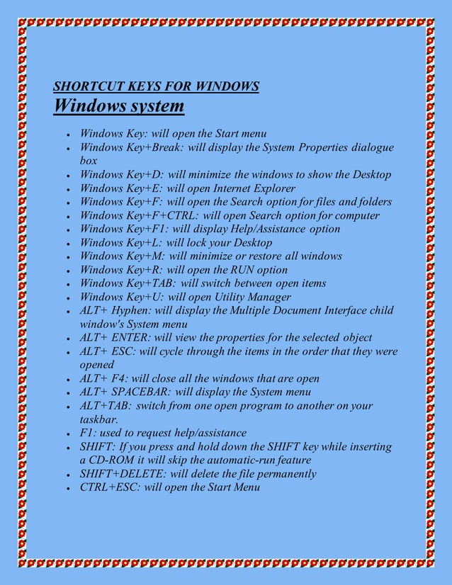 Shortcut keys of windows operating system and windows | DOCX