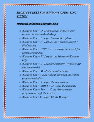 Shortcut keys of windows operating system and windows | DOCX