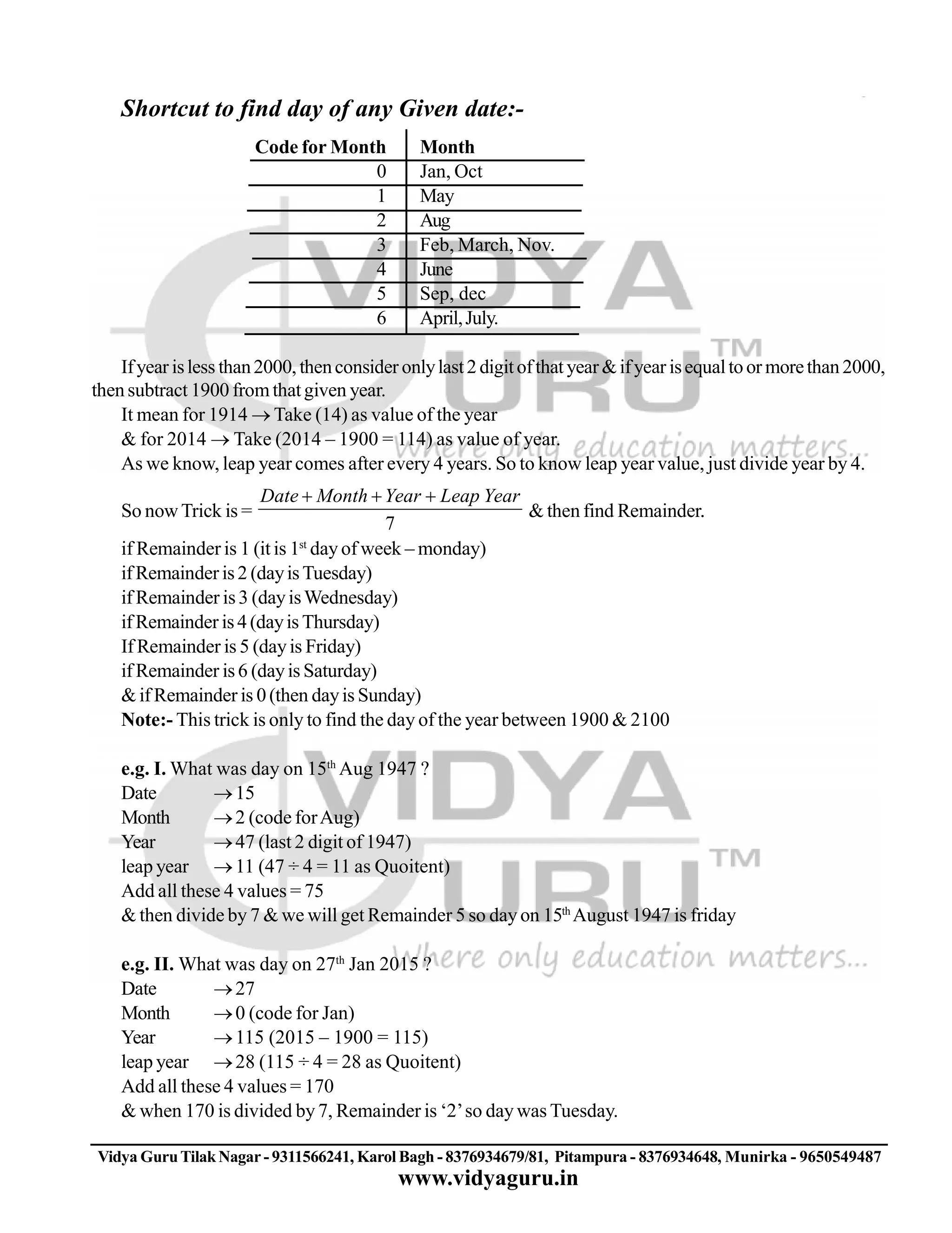SHORT TRICK TO FIND DAY OF ANY GIVEN DATE - LOGICAL REASONING QUESTIONS ...
