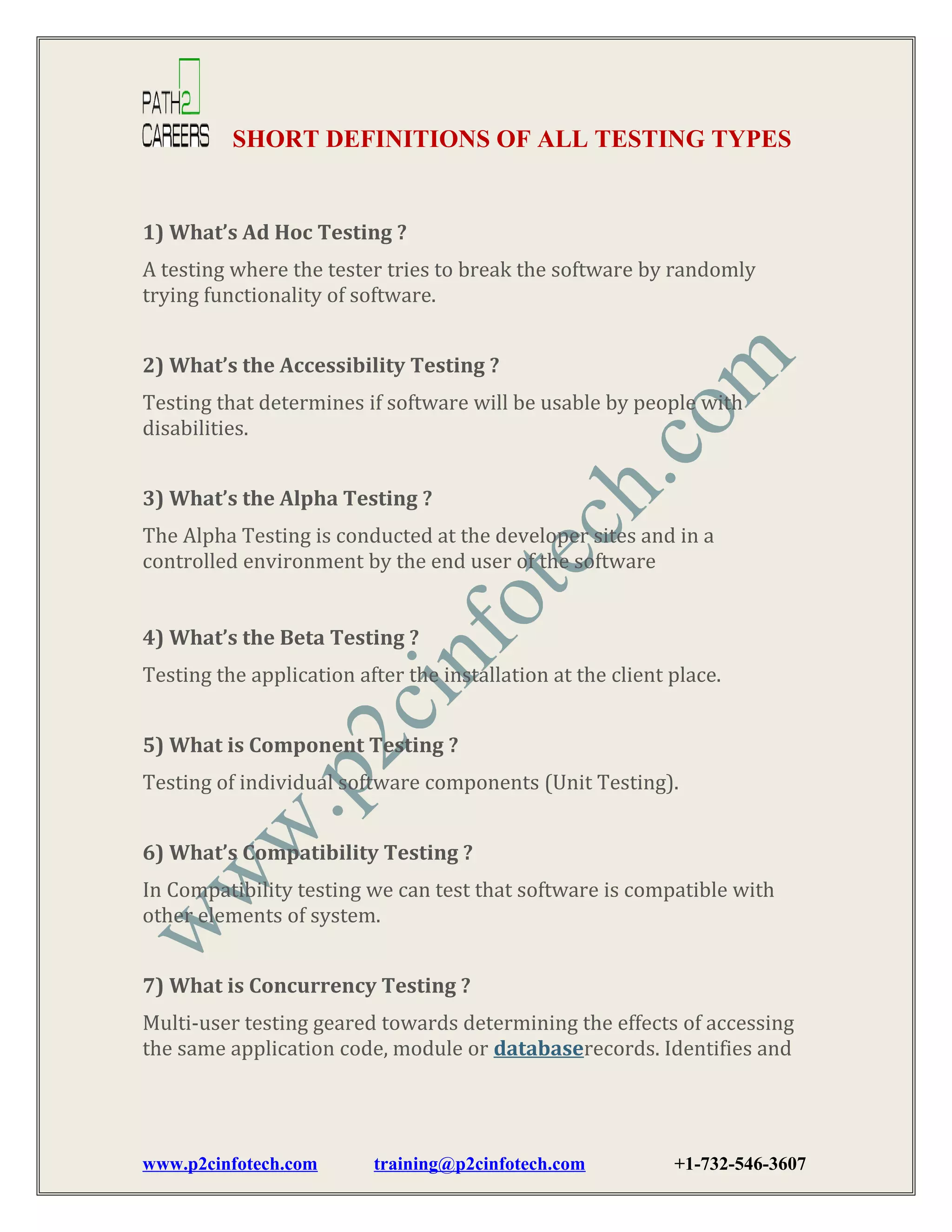 Short definitions of all testing types | DOC