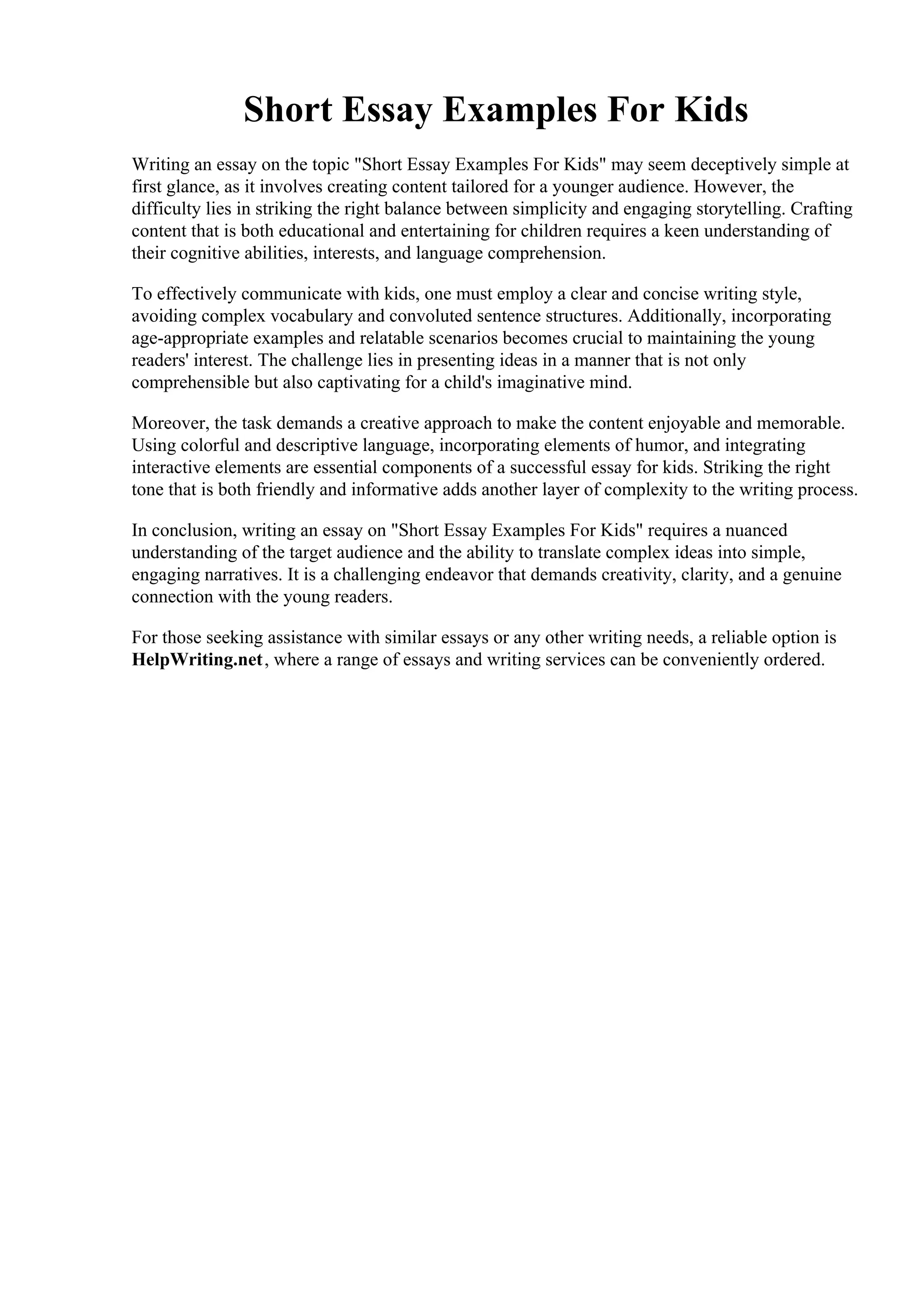 Short Essay Examples For Kids. essay examples: Short Story Essay | PDF