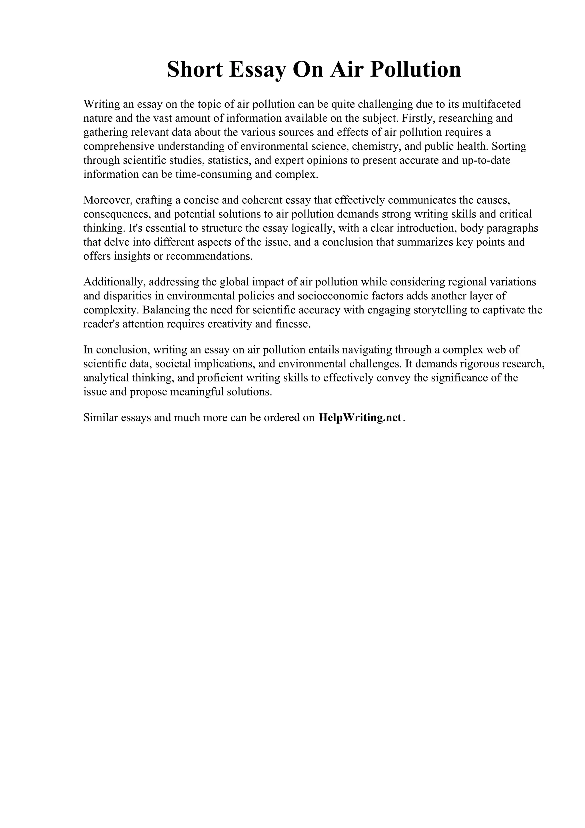 Short Essay On Air Pollution. Air Pollution Essay - Air Pollution Essay ...