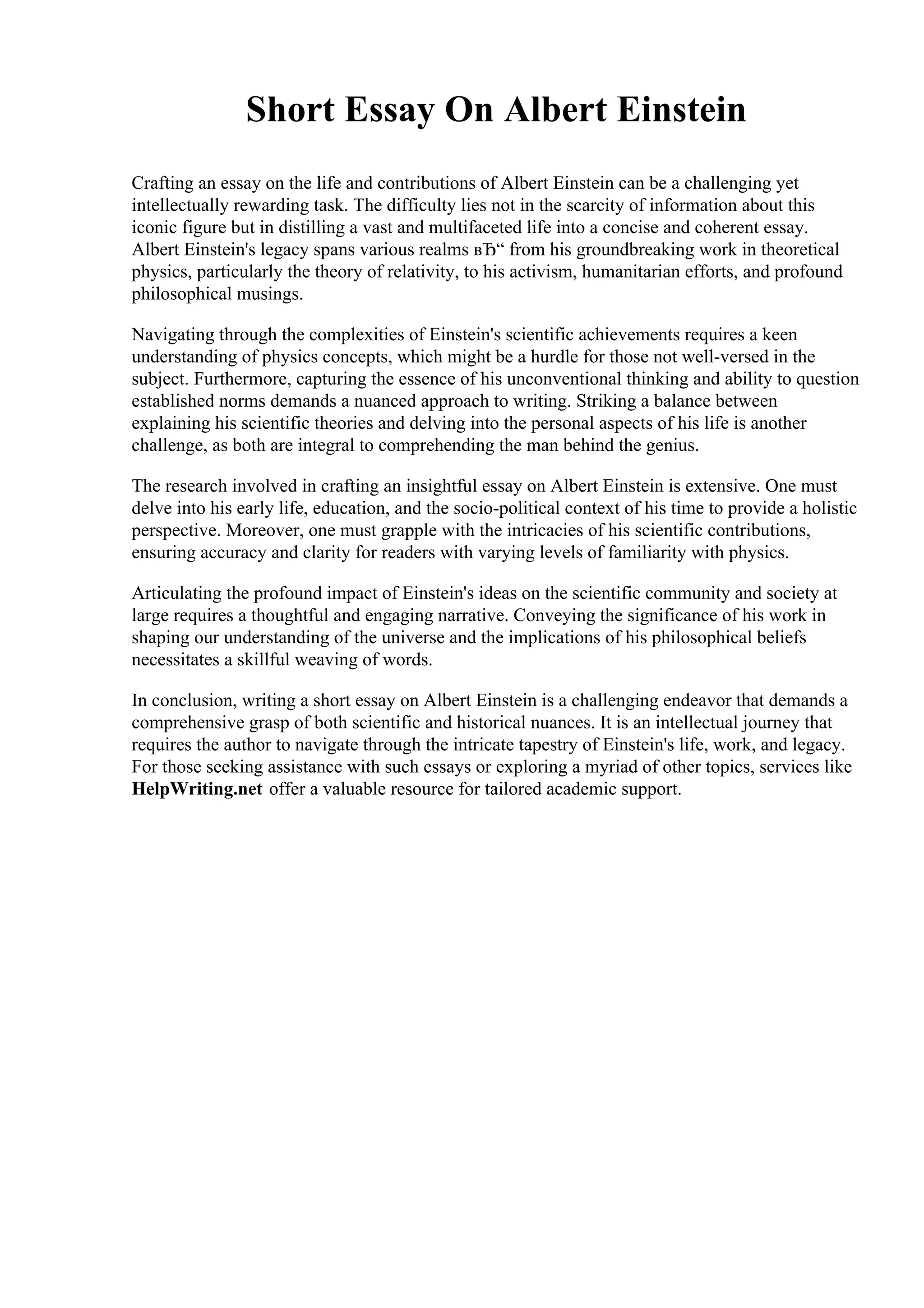 Short Essay On Albert Einstein. Jarvis Christian College | PDF