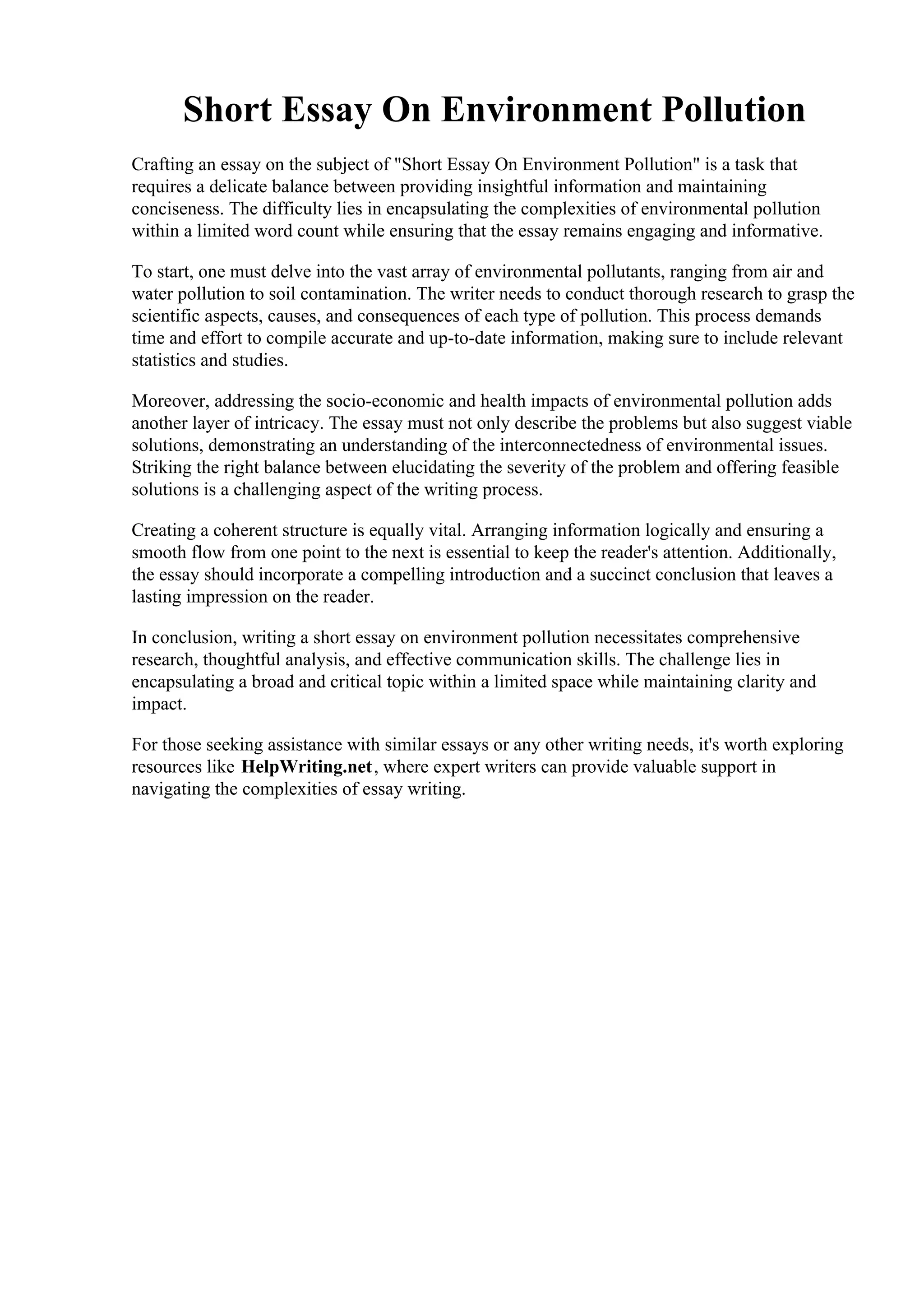 Short Essay On Environment Pollution | PDF