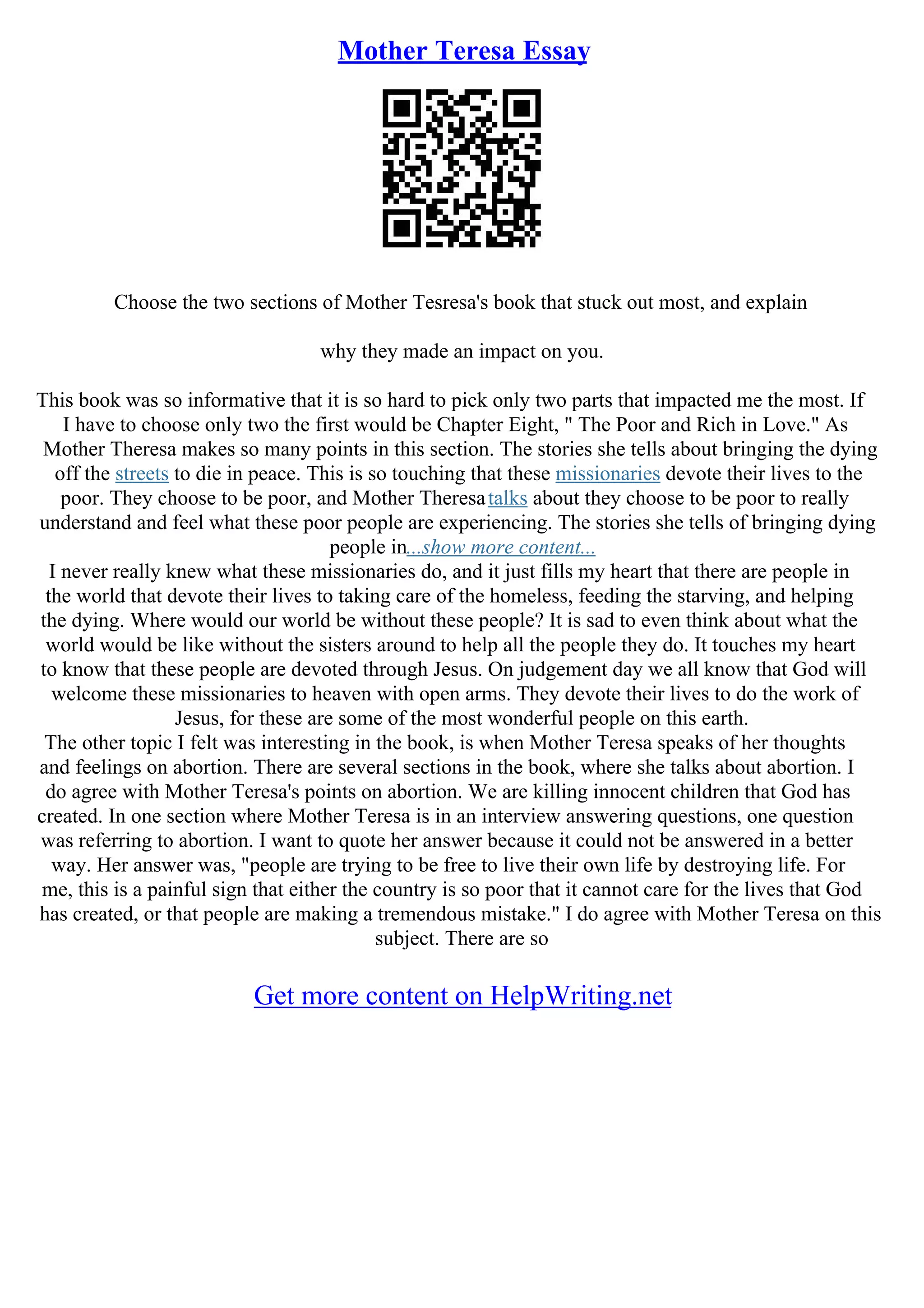 Short Essay On Mother Teresa | PDF