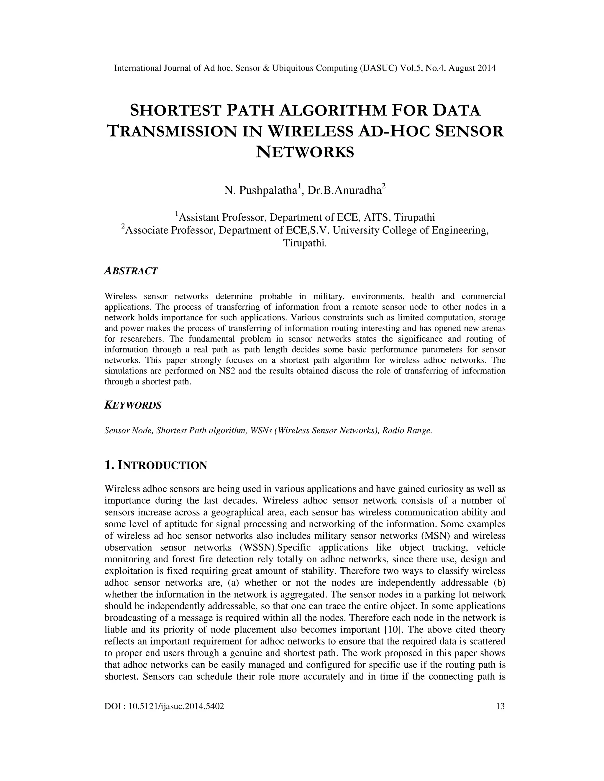 Shortest Path Algorithm For Data Transmission In Wireless Ad Hoc Sensor