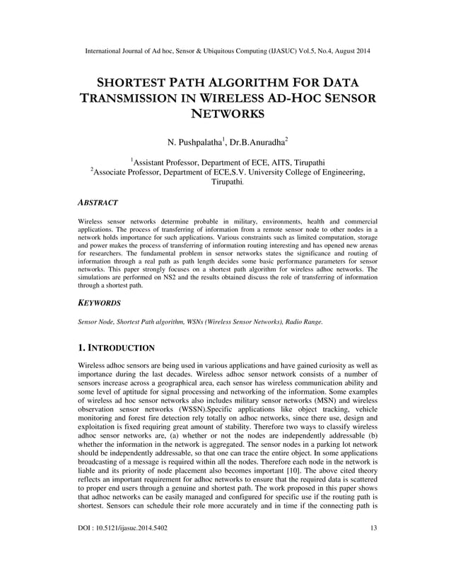 Shortest Path Algorithm For Data Transmission In Wireless Ad Hoc Sensor Networks Pdf
