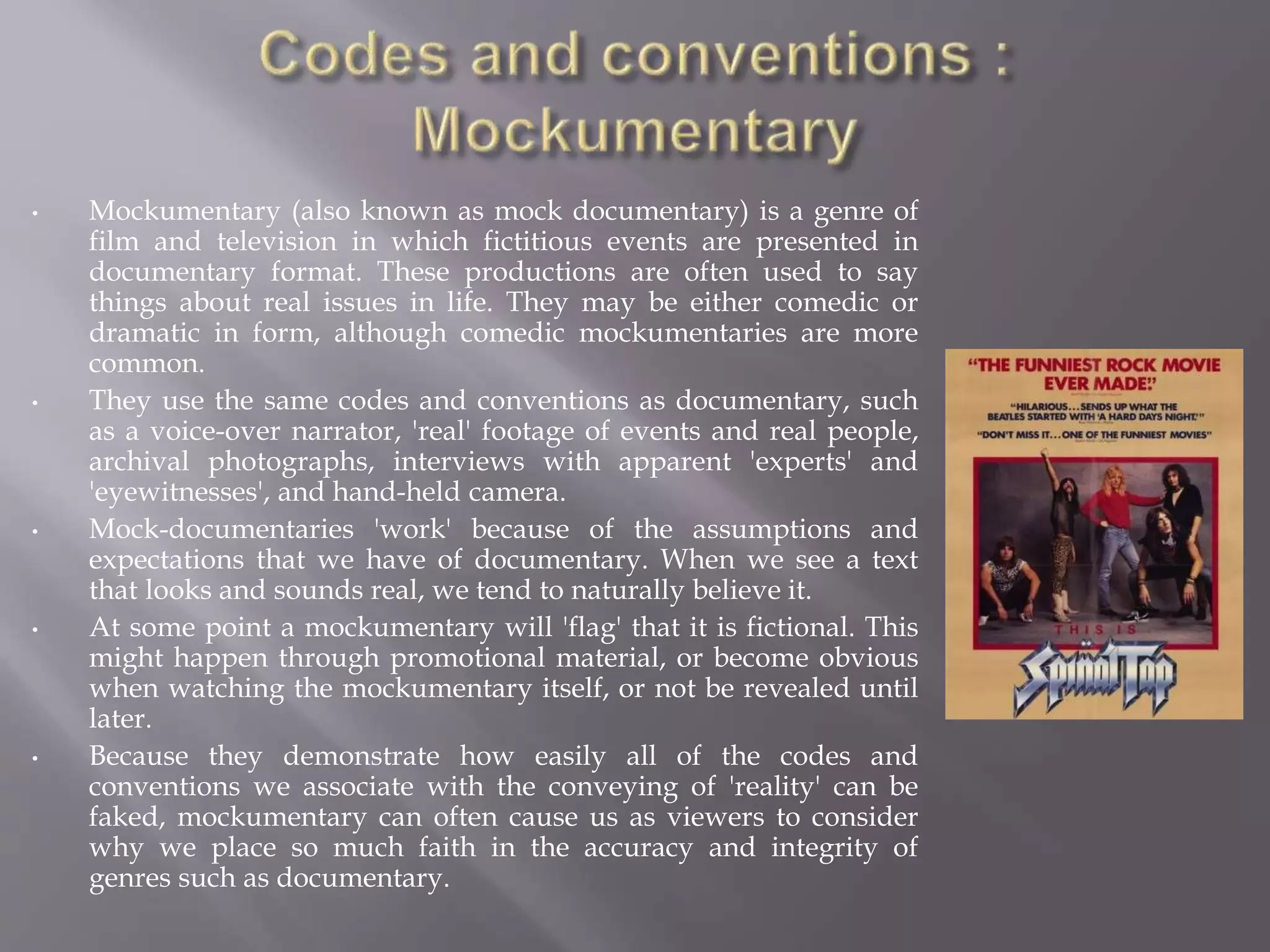 Short film and mockumentary genre codes and conventions | PPTX