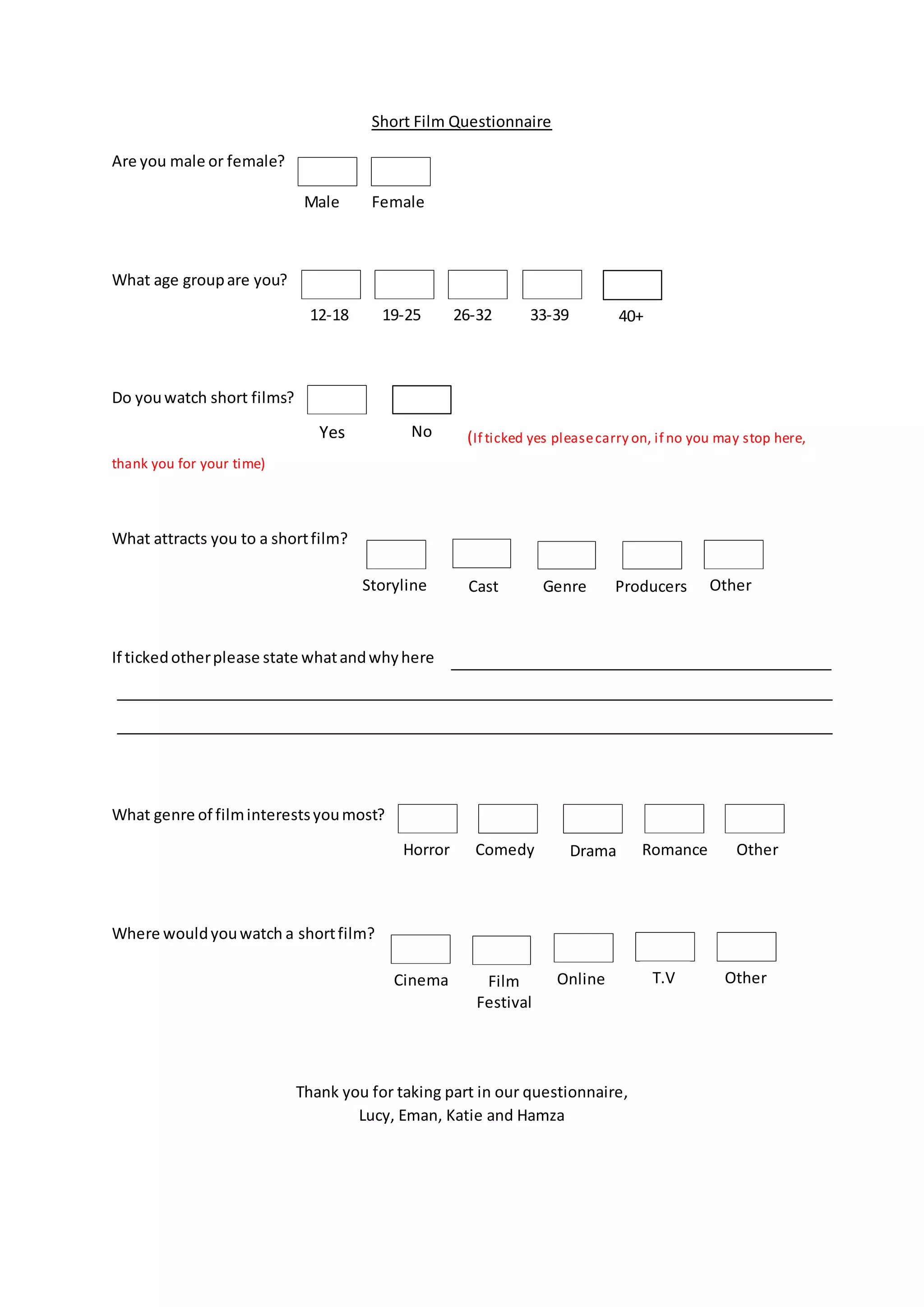 Short film questionnaire | DOCX